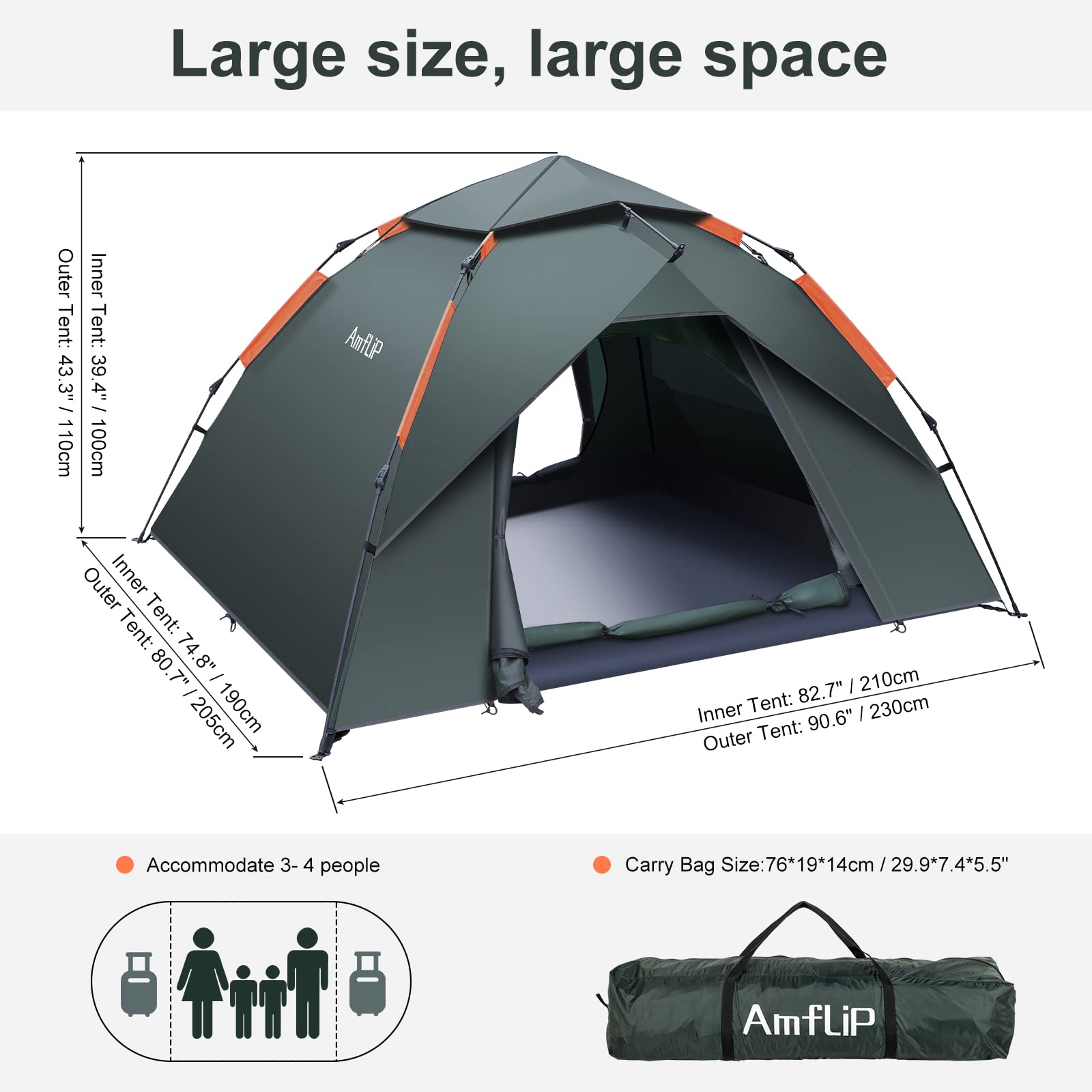 Amflip Camping Tent Automatic 2-3 Man Person Instant Tent Pop Up Ultralight Dome Tent 4 Seasons Waterproof & Windproof Camping Tent with Removable Outer Tarpaulin, Double Layers (green)