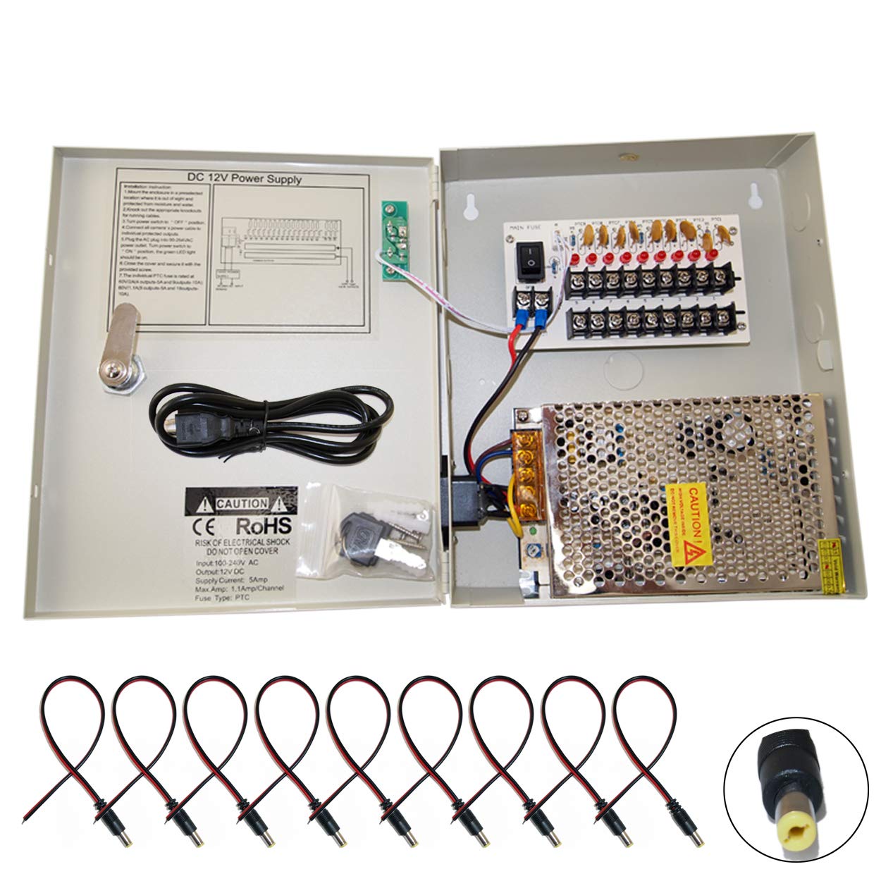Evertech 8 Channel 9 Port Power Box Security Camera 12V DC 5A Amper CCTV DVR Power Supply Switch Box Key Locked with 9 Pcs. Male Power Jack (9 Port)