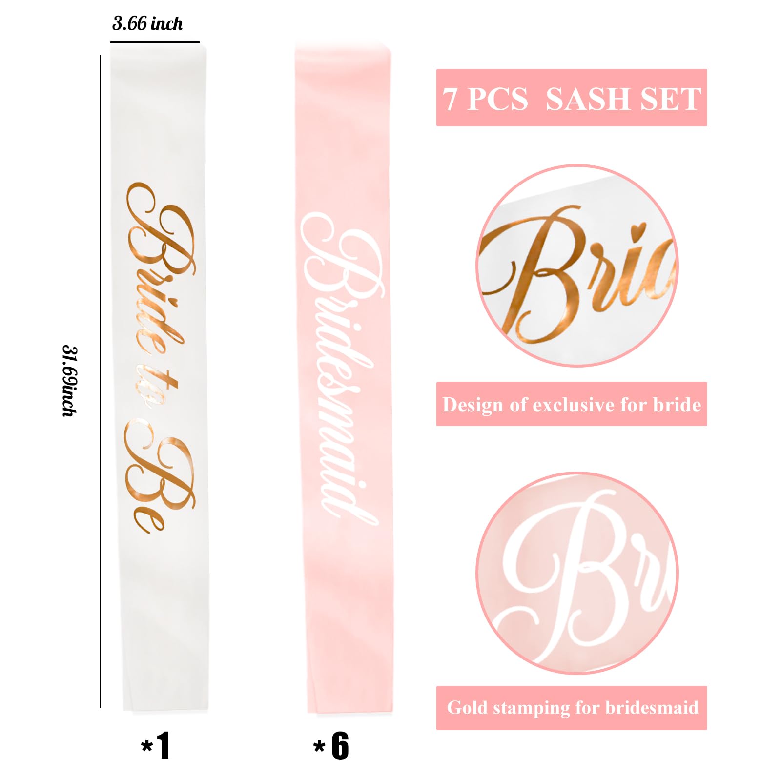 Bachelorette Sashes - Bachelorette Party Set 1 White Bride to Be Sash and 6 Pink Bridesmaid Sashes for Bride to be favors, Bridal Shower Wedding Decorations(7pcs)