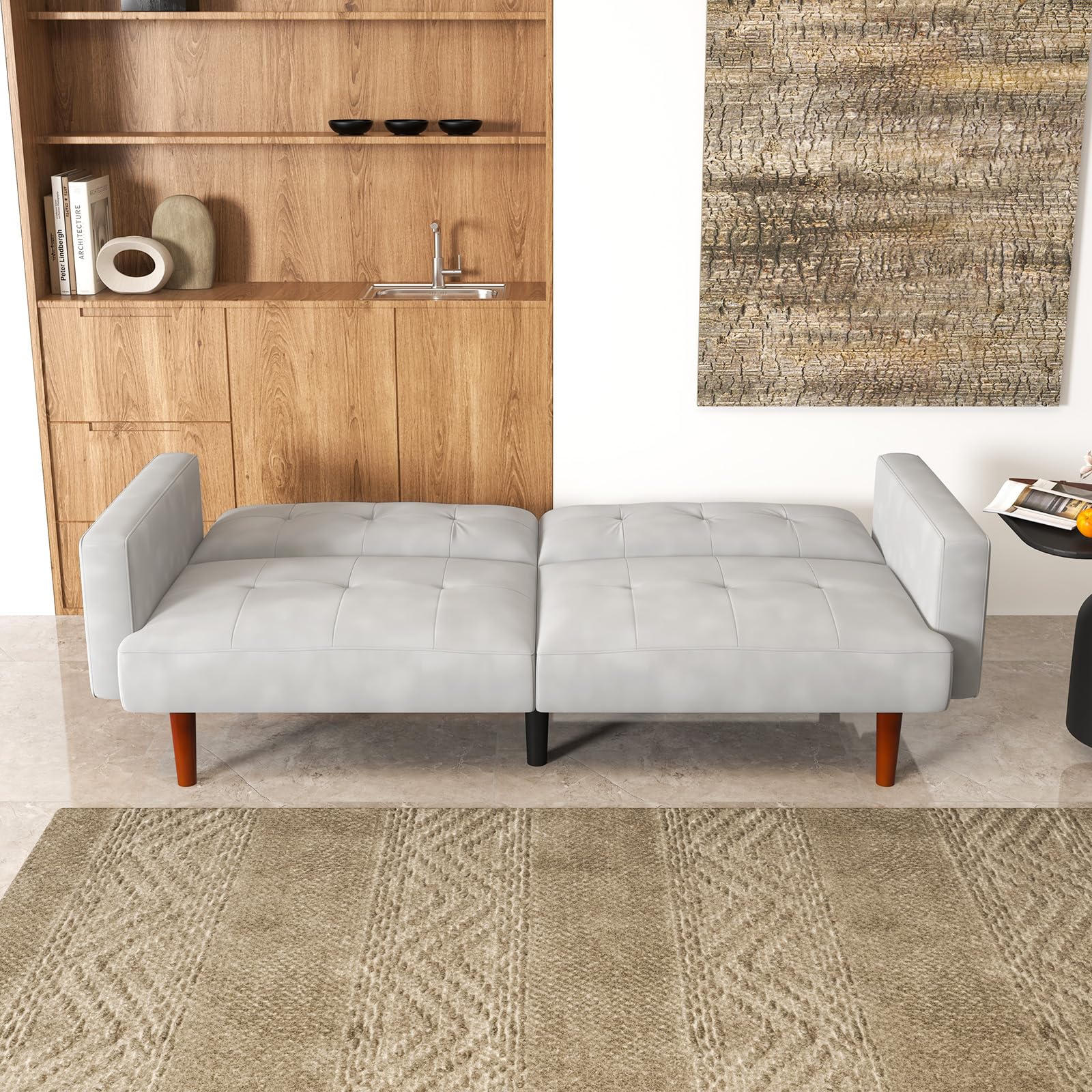 EBELLO Faux Leather Futon Sofa Couch Bed Solid Wood Legs, Convertible Sleeper Sofa Small Loveseat for Small Space Apartment, Bedroom, Living Room, Light Gray