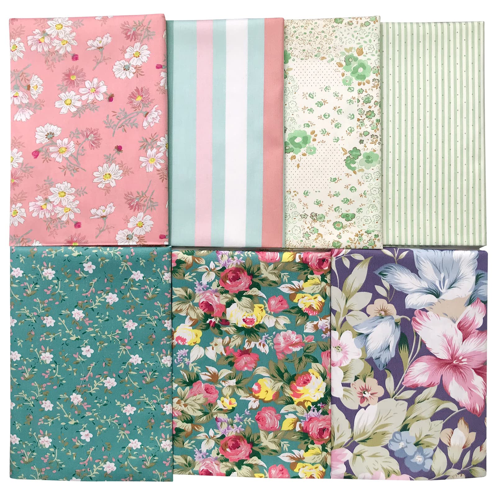 Qililandiy 7 Pieces Floral Printed Quilting Fabric, 100% Cotton Fat Quarter Fabric Bundles Fabric for Sewing Crafting Scrapbooking, 46cmx56cm (Approx. 18"x22") (Peony Lily)