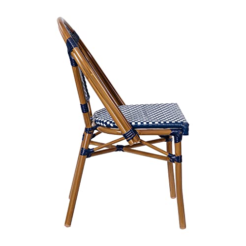 Flash Furniture Bordeaux Set of 2 Indoor/Outdoor Commercial Bistro Stack Chairs - Navy/White PE Rattan Back and Seat - Natural Bamboo Print Aluminum Frame