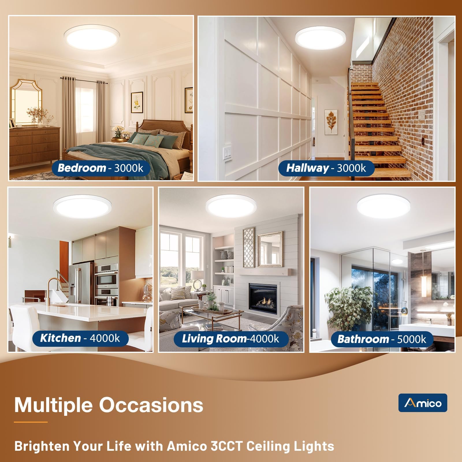 Amico 12 Inch LED Flush Mount Ceiling Light with Night Light, 24W, 2400lm, 3000K/4000K/5000K Selectable, Dimmable LED Ceiling Light Fixture for Bedroom, Kitchen, Dining Room, Hallway