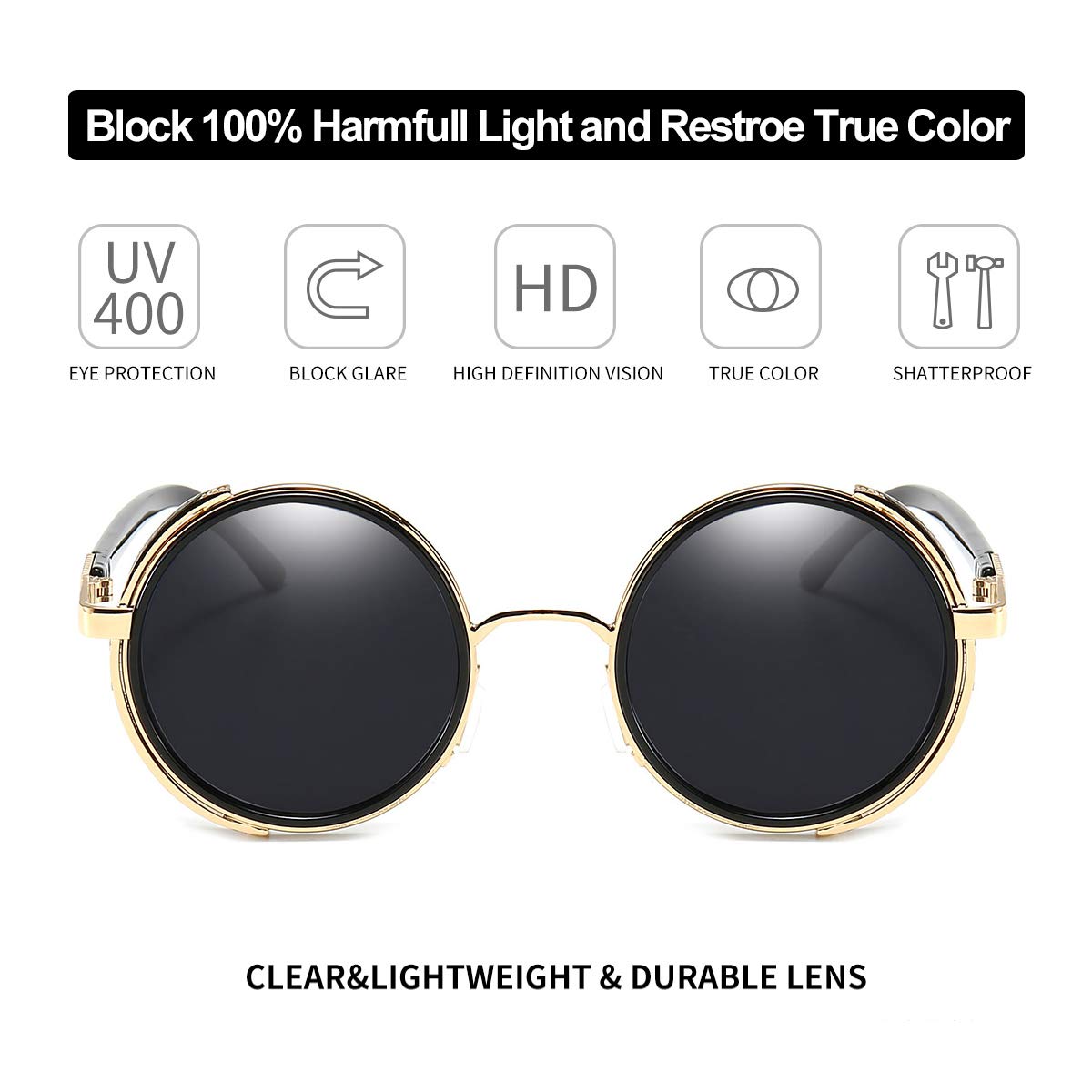 Dollger Steampunk Vintage Retro Round Sunglasses Metal Circle Frame (Black Lens+Gold Frame,100% UV Protection Lens)