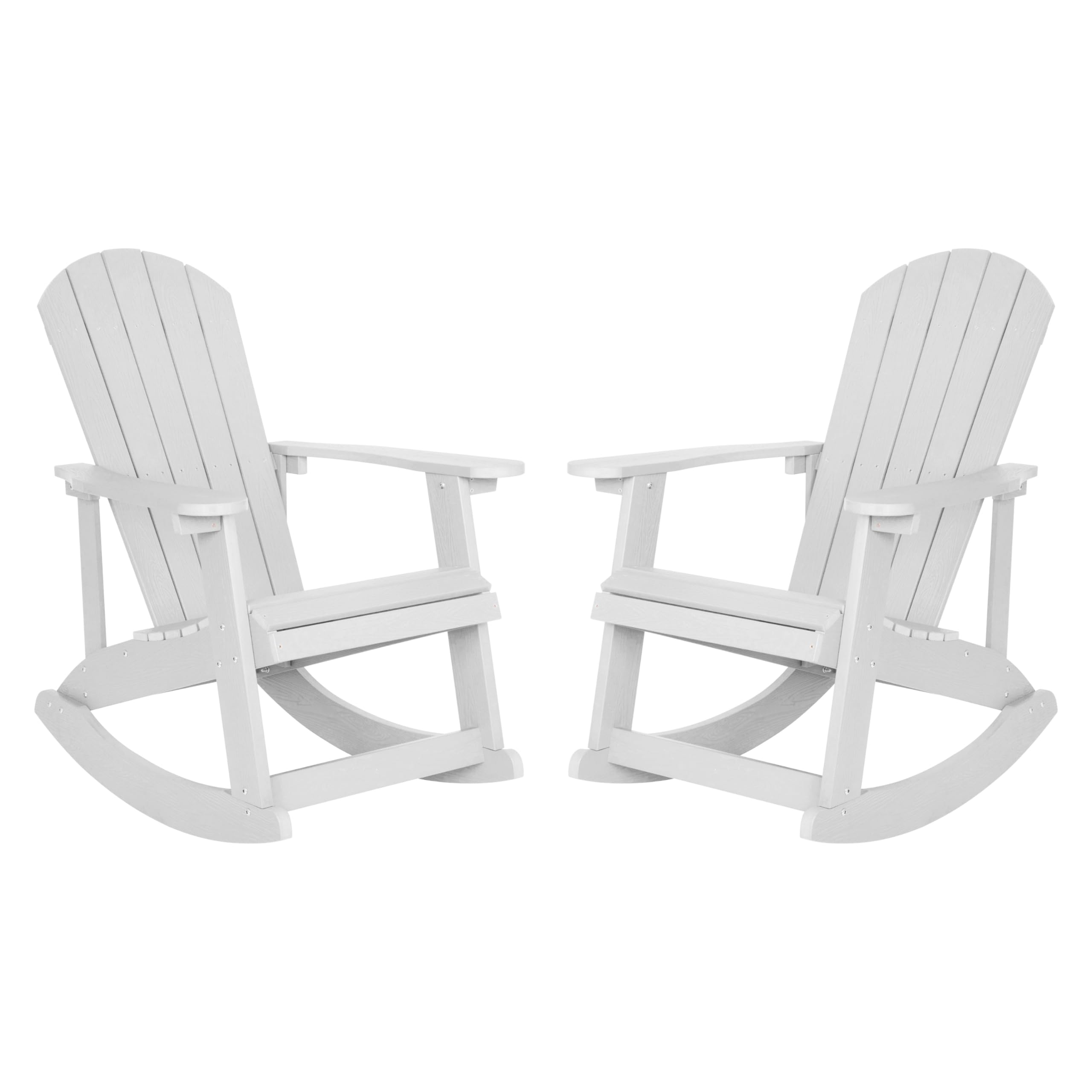 BizChair Poly Resin Wood Adirondack Rocking Chair - All Weather White Polystyrene - Stainless Steel Hardware - Set of 2