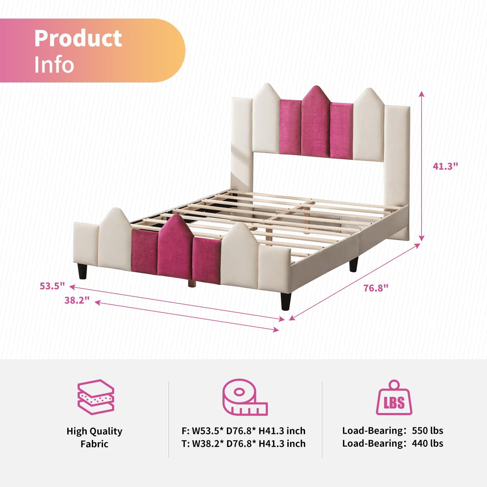 Mixoy Twin Size Kids Bed Frames,Upholstered Twin Platform Bed Frame for Children with Headboard,Toddler Bed for Girls, Teens,No Box Spring Needed, Easy Assembly(Pink/White,Twin)