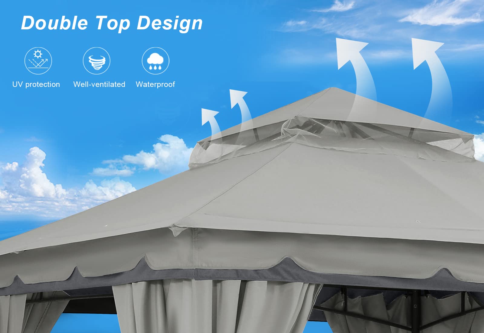 ABCCANOPY 10'x12' Outdoor Gazebo, Double Roof Patio Gazebo with Shade Curtains, Light Gray