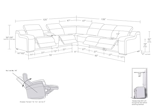 BlackJack Furniture Ibero 7-Piece Italian Leather Sectional Reclining Sofa Set with 4 Power Recliners, Adjustable Headrests, USB and Wireless Phone Charger, and Console Storage, White