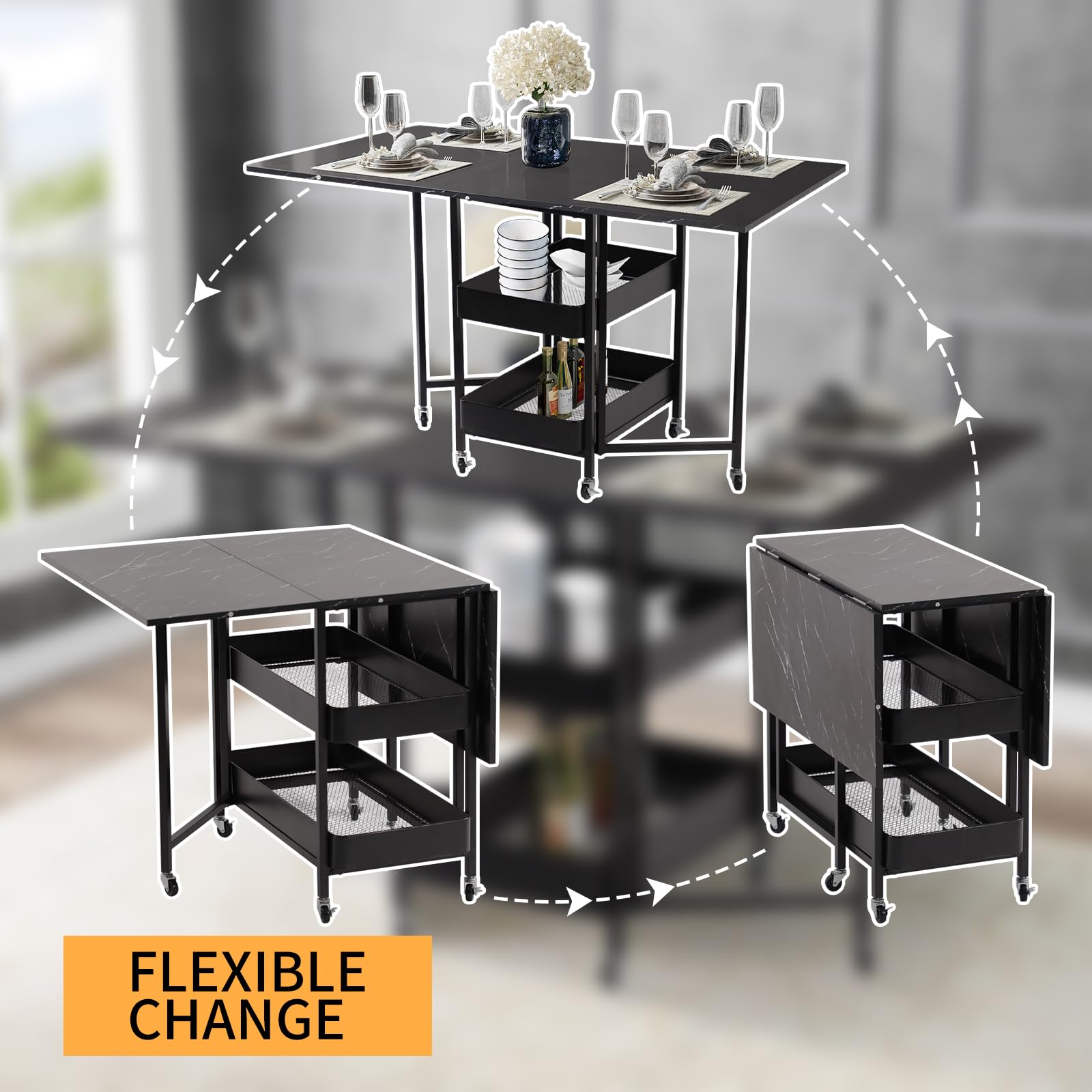 ADOFFUR Folding Dining Table, Foldable Kitchen Table with Storage, Space Saving Extendable Folding Dinner Table with 6 Wheels for Kitchen, Small Spaces, Living Room - Black
