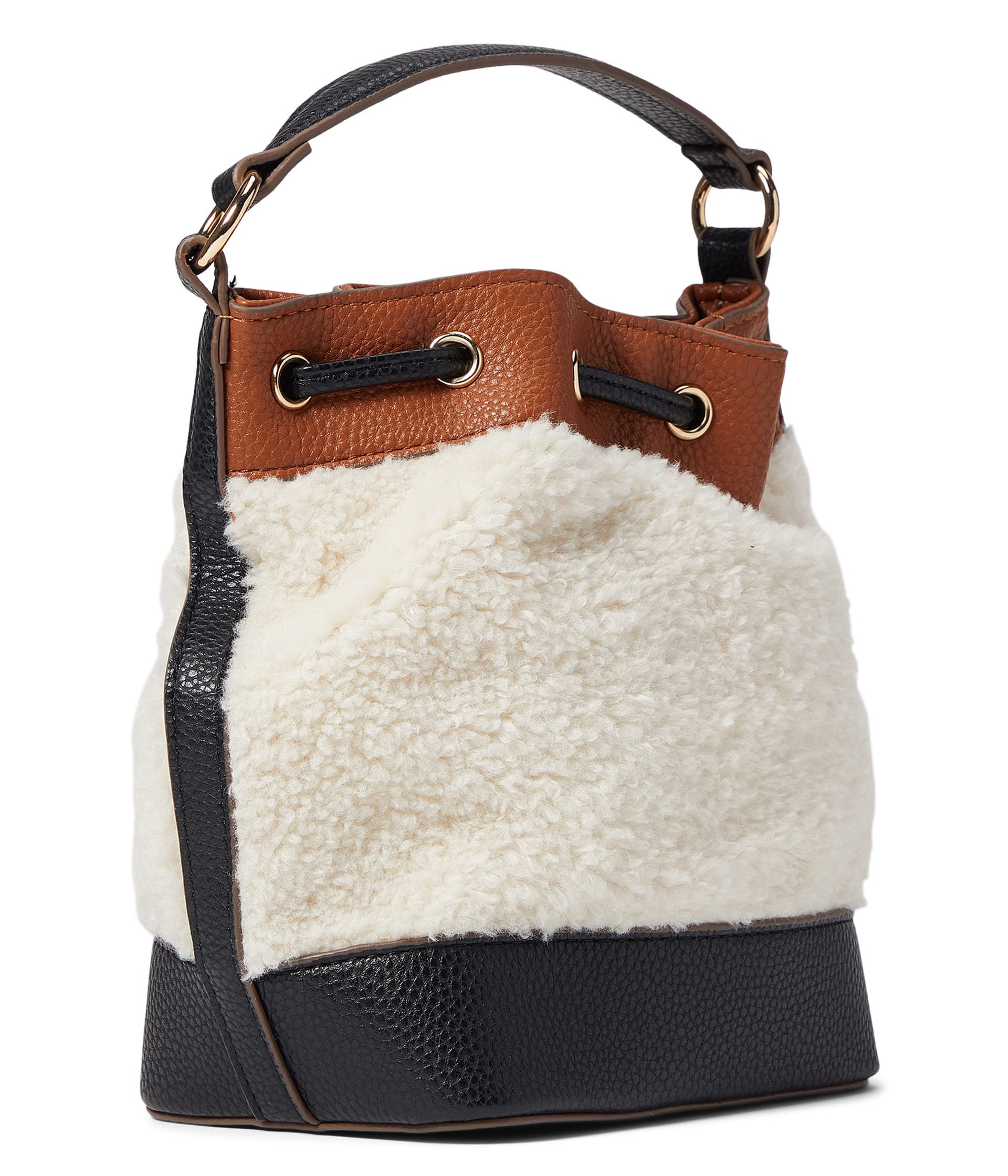 Anne Klein Womens Anne Klein shearling bucket crossbody, Cream W/ Saddle-black, One Size US