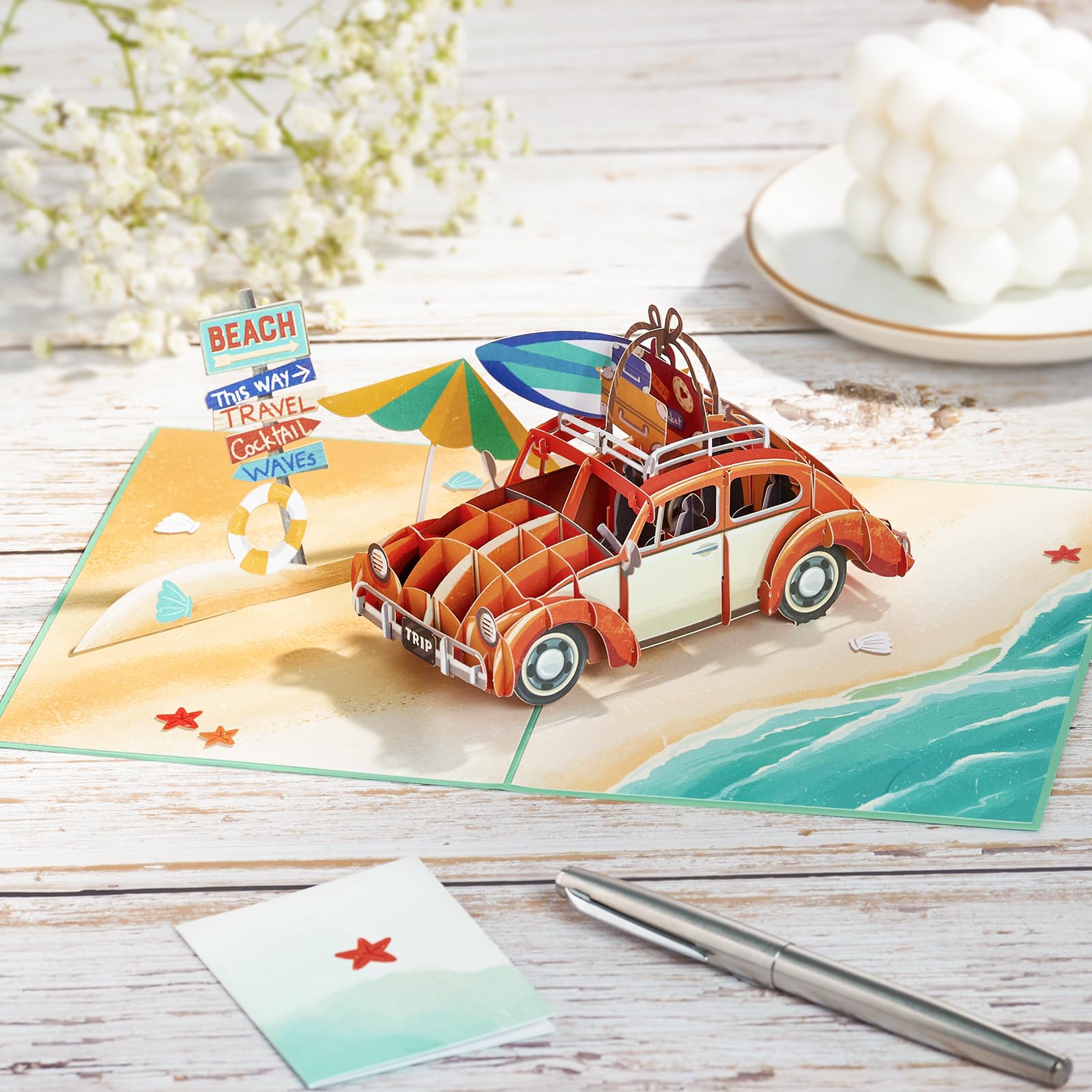 POPWOW Car Pop Up Card, Beetle Bug, New Adventure, Road Trip, Vacation 3D Travel Card for Birthday, Graduation, Congratulations, Retirement, Work Anniversary, Farewell, Goodbye, Bon Voyage, 5x7
