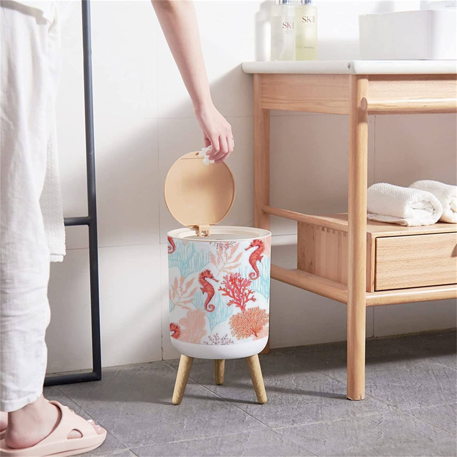Small Trash Can with Lid Beautiful seamless tropical with corals sea horse Abstract geometric Round Recycle Bin Press Top Dog Proof Wastebasket for Kitchen Bathroom Bedroom Office 7L/1.8 Gallon