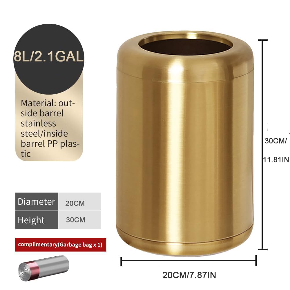 YOJIA 8l/2.11gallons Small Gold Bathroom Trash Can,Brushed Gold Garbage Can,Brass Gold Trash Can for Bathroom,Bedroom,Hotel,Dressing Room,Rv,Store (235 Gold)