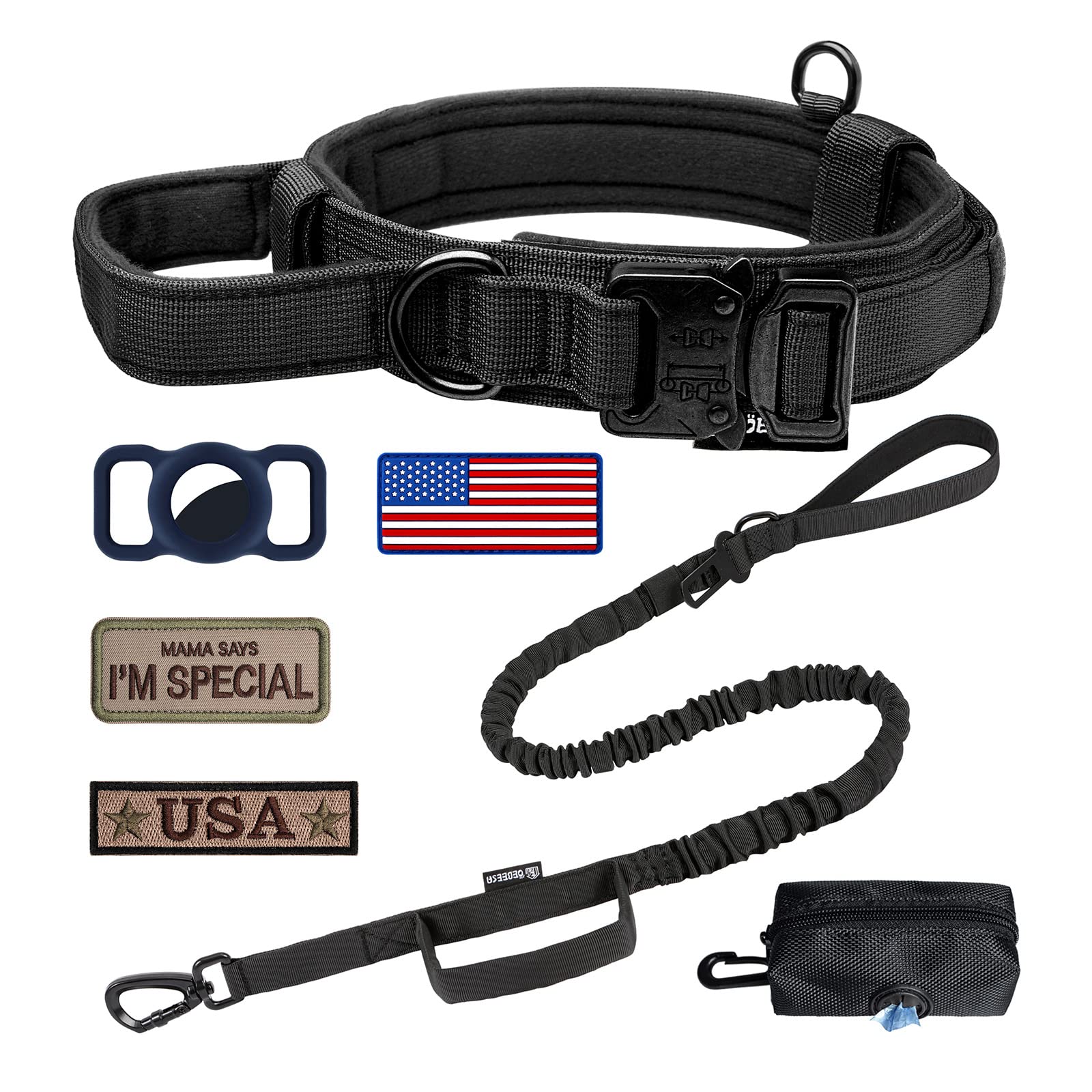 OEBEESA Tactical Dog Collar and Leash Set:-Adjustable Military Nylon Dog Collar with Handle Shock Absorbing Retractable Strong Dog Leash for Medium and Large Dogs with Airtags Holder Patches