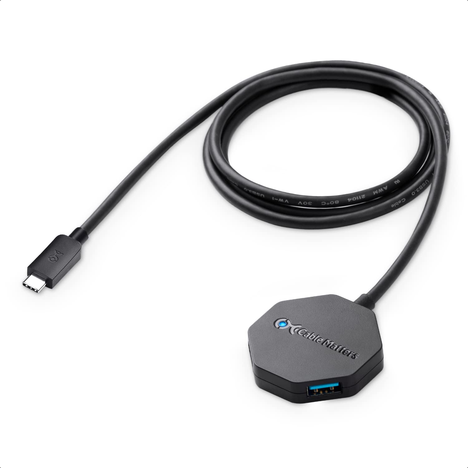 Cable Matters Ultra Mini 4 Port USB C Hub with Long 4 ft Extension Cable Tail (USB C to USB Hub, USB C Hub Long Cord, USB Type C Hub) in Black - Thunderbolt 4 / USB4 / Thunderbolt 3 Port Compatible