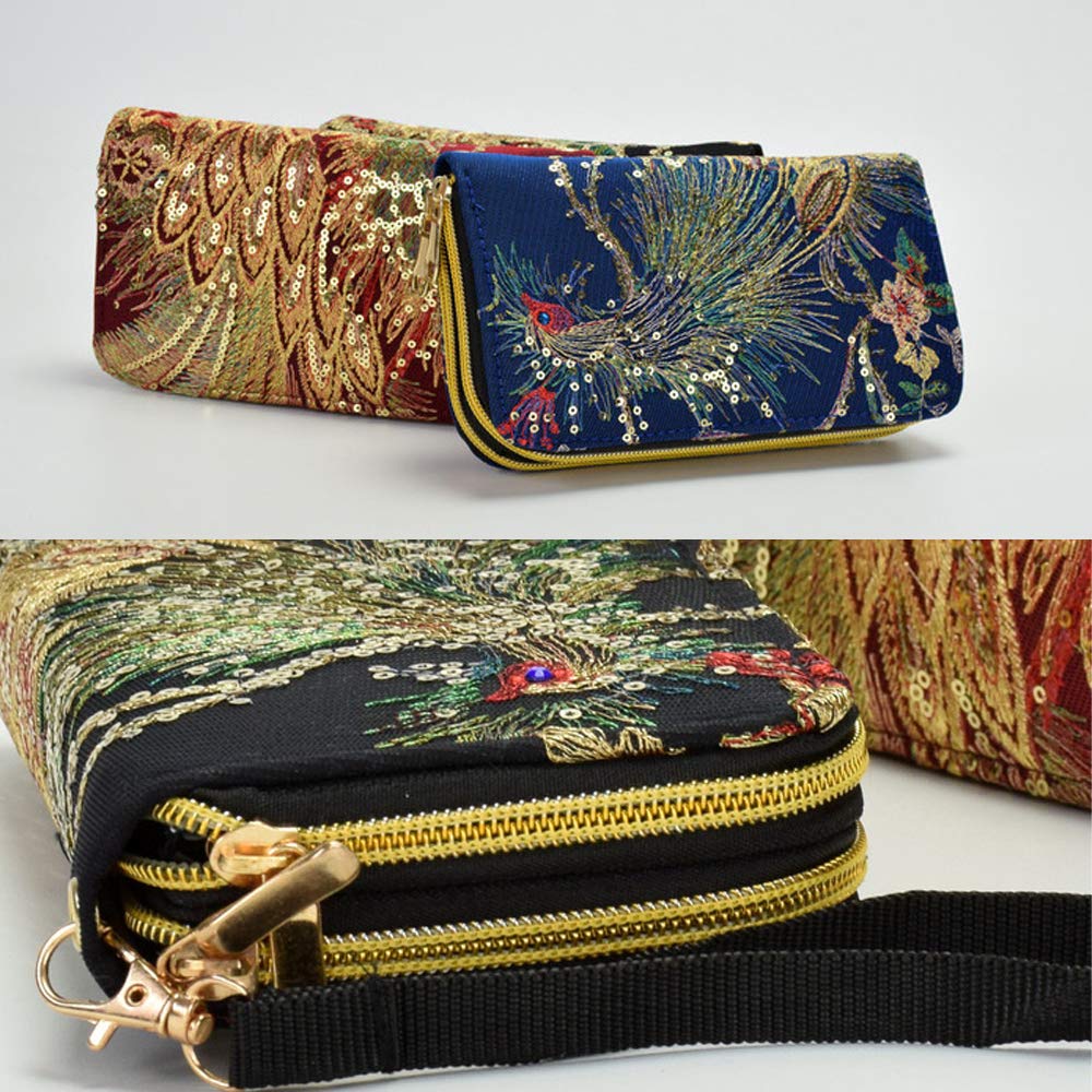 Ethnic Minority Style Double-Sided Embroidered Wallet, Special Peacock Embroidery, Long Zipper, Hand Wallet Mobile Phone Bag (Black)