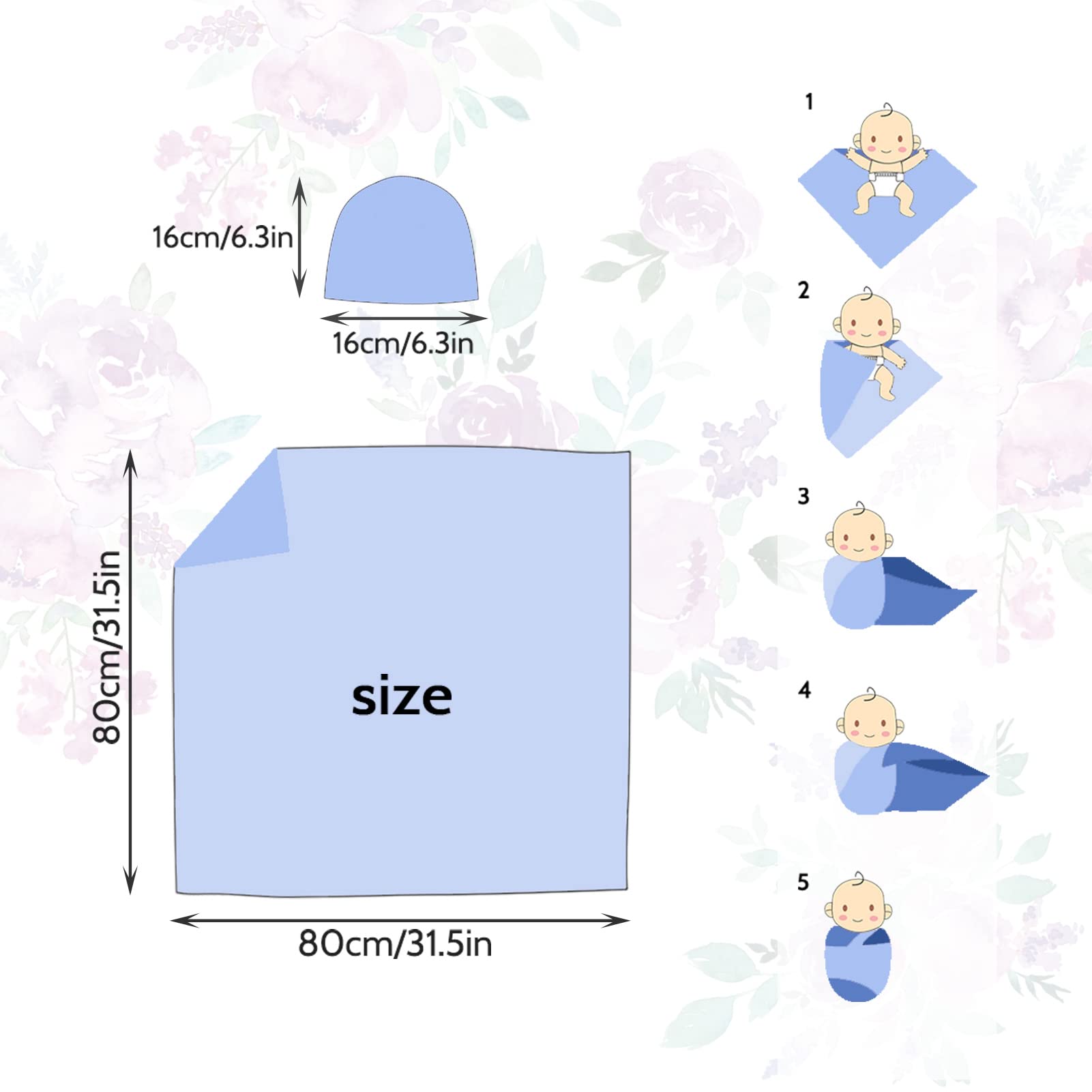 Newborn Swaddle Blanket with Beanie Set,Soft Stretchy Blanket for 0-3 Months Baby Boys and Girls(Purple Flower)