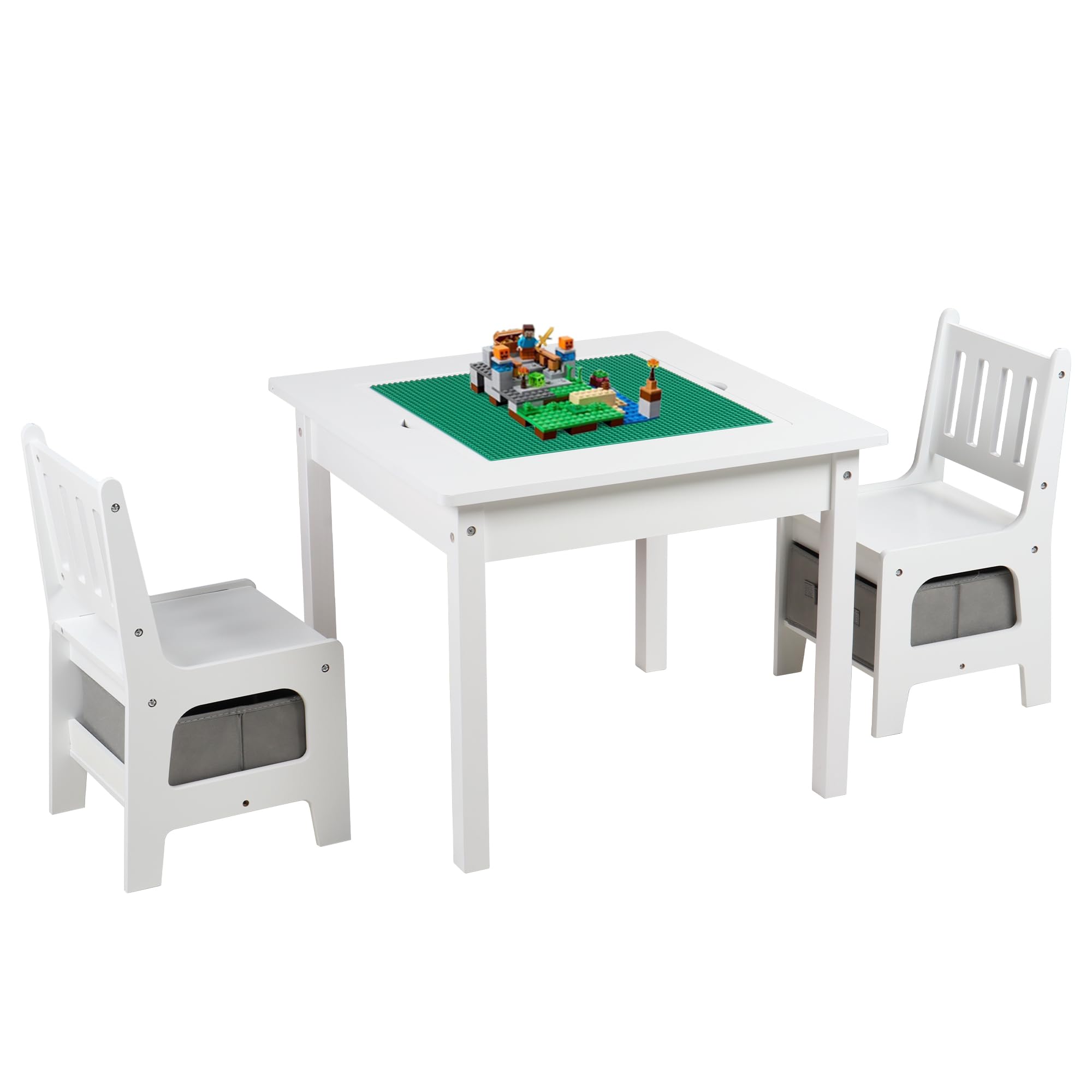 Kinder King Kids Wood Table & 2 Chairs Set, 3 in 1 Kids Construction Play Table, Toddler Activity Table w/Storage Space, Building Block Table for Child Art, Crafts, Reading, Playing, Grey