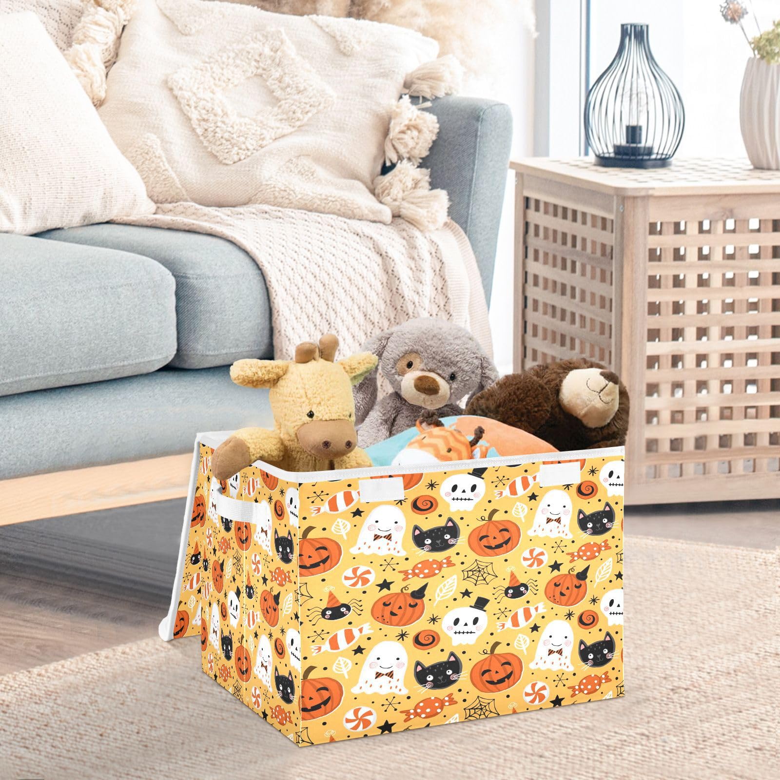 Large Collapsible Storage Bins with Lids, Halloween Pumpkin Ghost Storage Baskets Organizer Containers with Handles for Nursery Clothes Toys