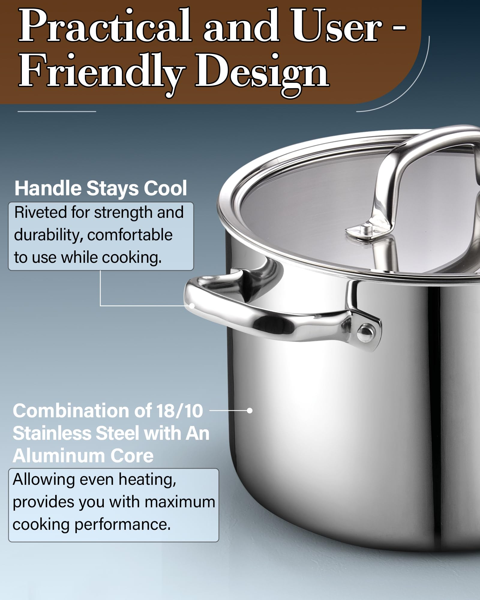 Cook N Home Stainless Steel Stockpot 8 Quart, Tri-Ply Clad Stock Pot with Glass Lid, Silver