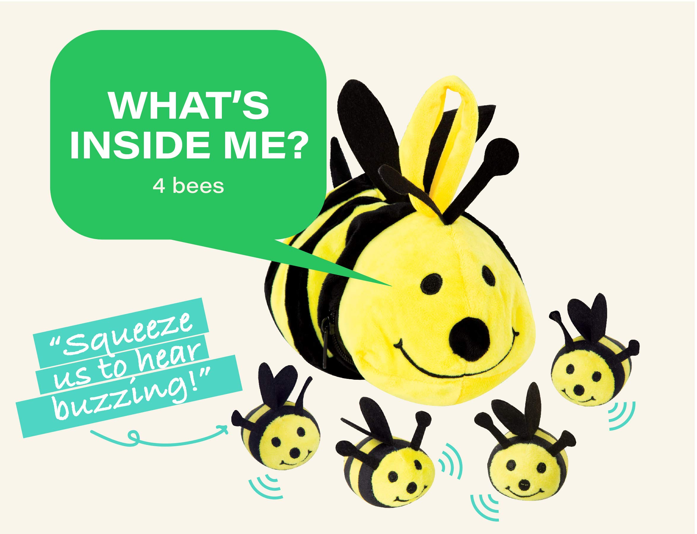 Etna Plush Buzzing Bees Toy - Cute Soft Mommy Bee Carrier Holds 4 Baby Bee Dolls, Squeeze Activated Sounds