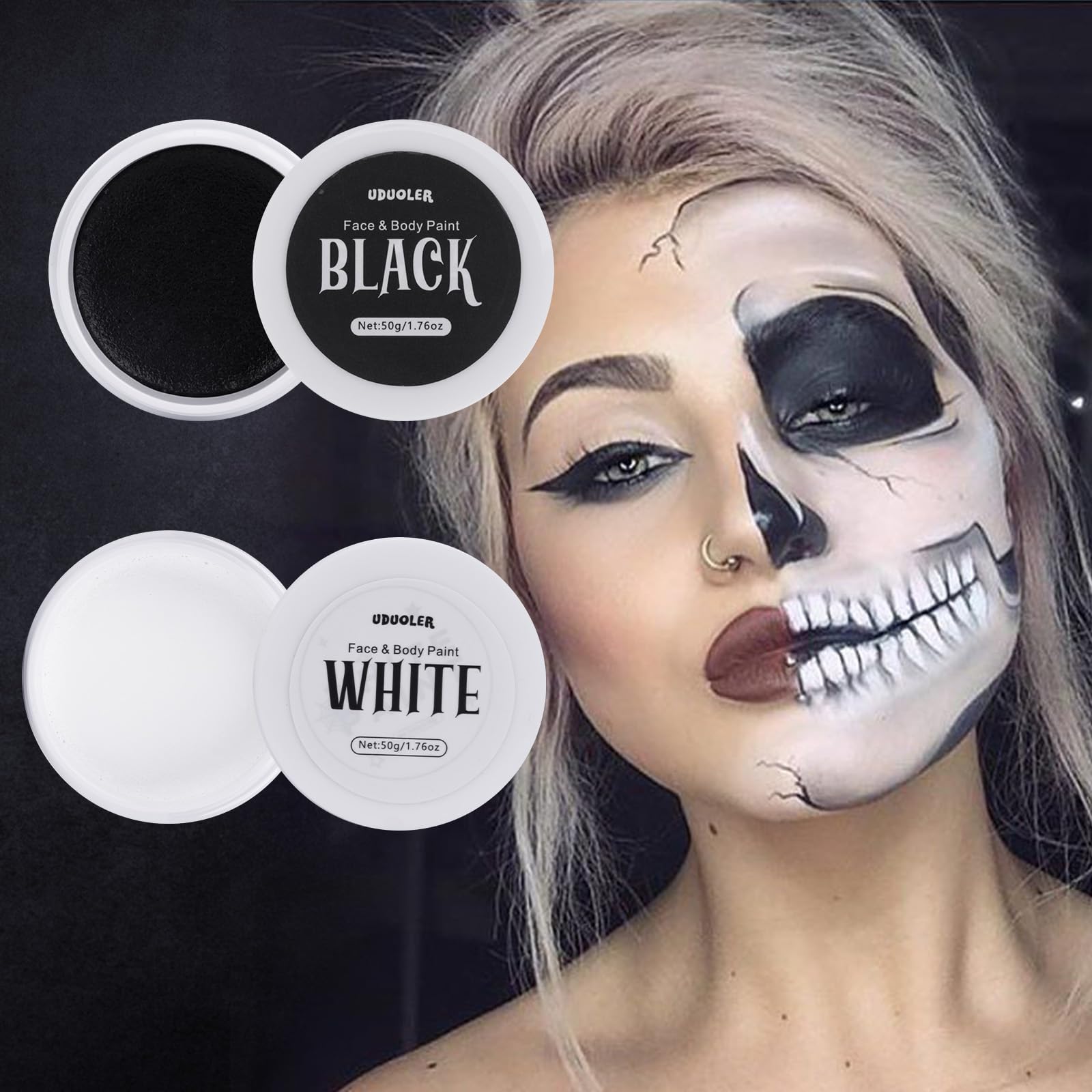 Black and White Face Paint,Halloween Skeleton Face Paint Kit with 2Pcs Painting Brushes,Water Based Body Paint for Adults & Kids,SFX Makeup Palette for Zombie,Joker,Clown,Cosplay,Costume,Theater