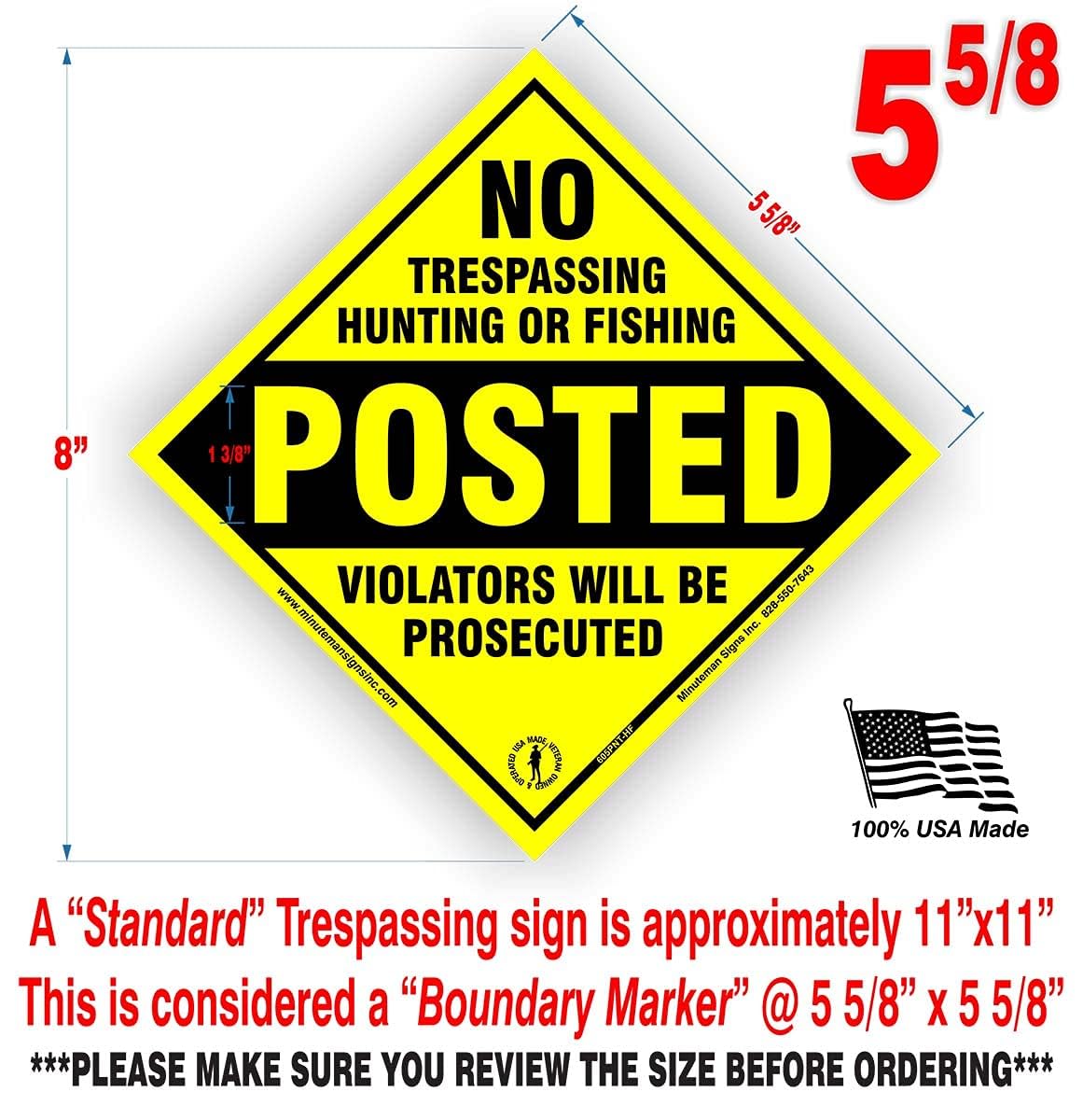 No Trespassing, No Hunting, No Fishing, Boundary Marker, Small, Diamond, Aluminum, Yellow, 10 Pack