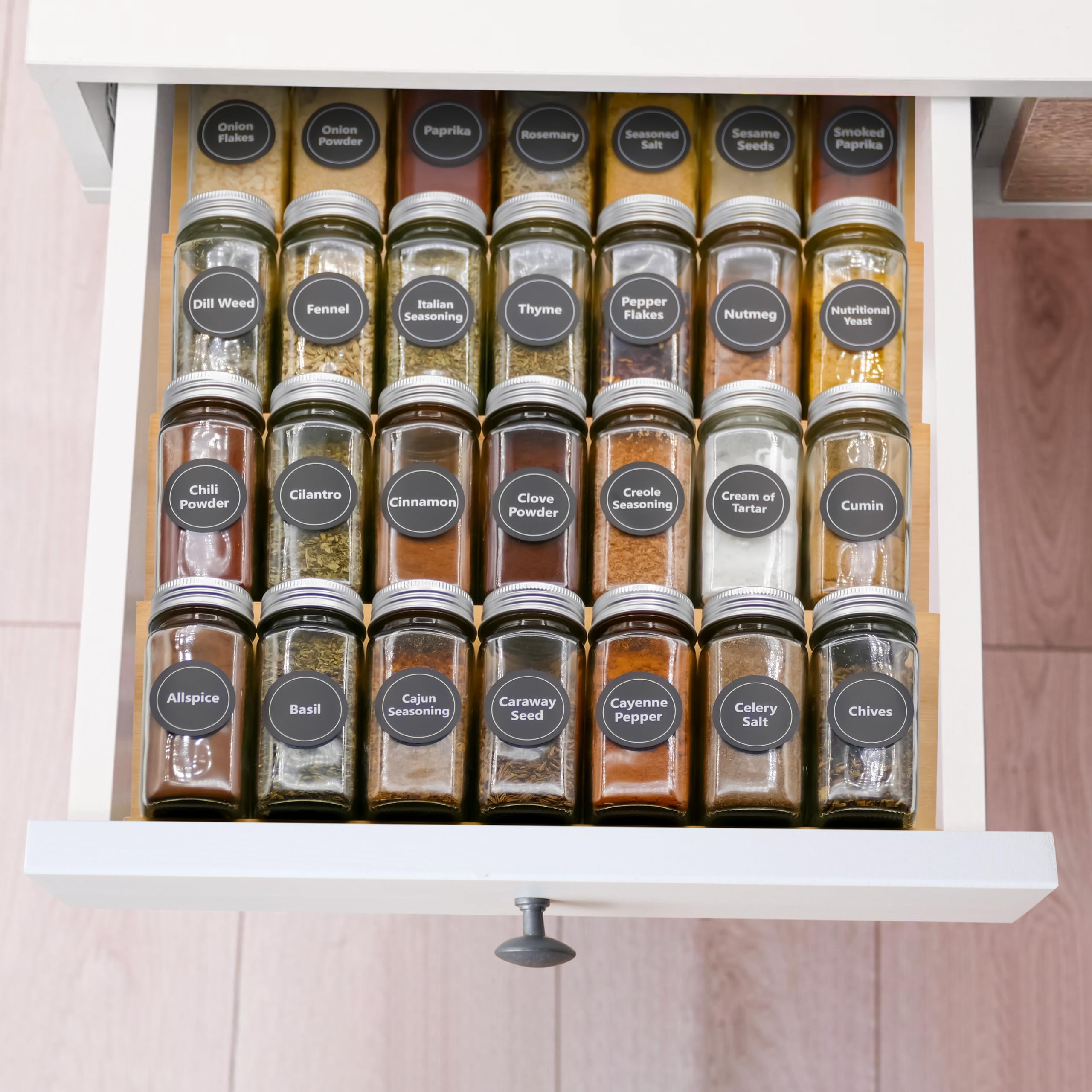 Bamboo Spice Drawer Organizer Insert for Shallow Drawers - 4 Tier In Drawer Spice Organizer (5" D x 13" W x 1.2" H)- Stackable Spice Rack for Drawer for Spice Organization- Drawer Spice Rack Organizer