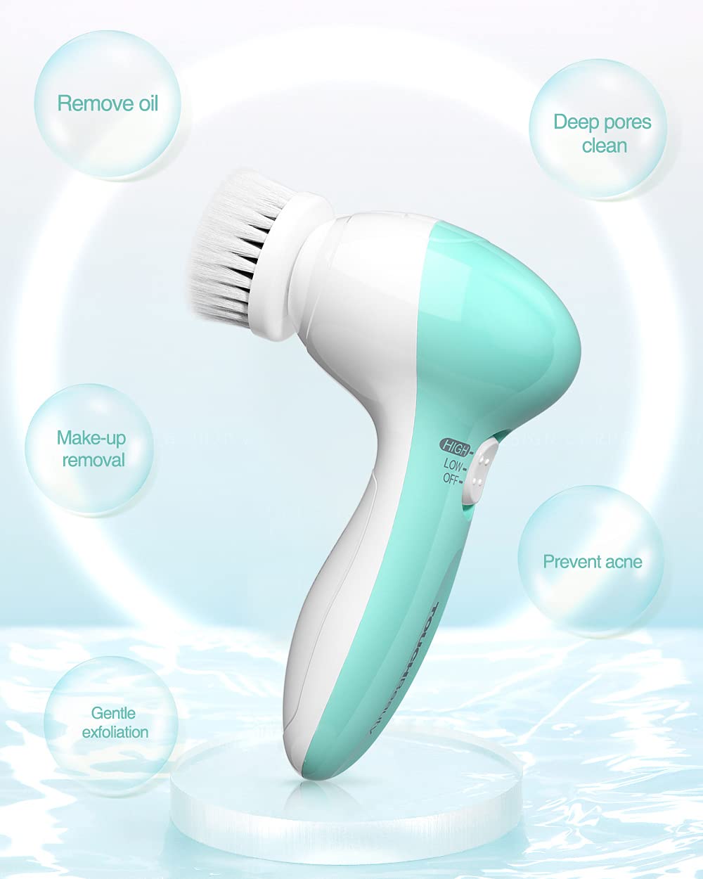 TOUCHBeauty Portable Facial Brush Set with Case & 3 Spin Brush Heads, 0.055mm Deep Pores Cleansing Bristle, Soft Silicone Massager Brush Face Exfoliator Brushes, Mini Travel Size Battery Powered