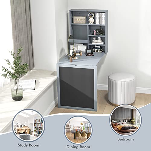 IFANNY Folding Wall Desk, Wall Mounted Fold Out Desk with Storage Shelves & Hooks, Hideaway Desk Wall Mount with Chalkboard, Floating Corner Desk for Small Spaces (Gray)