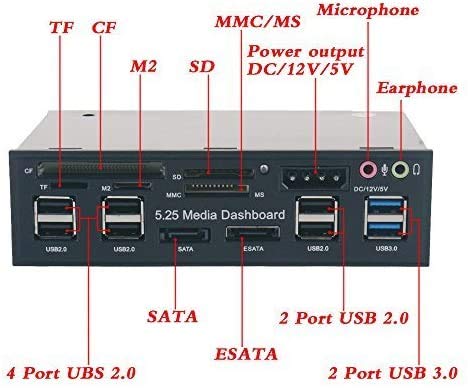 eoocvt 5.25 inch Multi-Function USB 3.0 Hub CF TF M2 SD MS Card Reader CD-ROM Front Panel Media Dashboard SATA eSATA Audio Headphone Mic Computer Peripherals