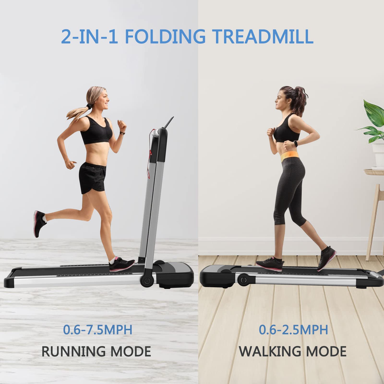 Anpuce 2 in-1 Folding Treadmill, 2.25 HP Under Desk Treadmill, Compact Installation-Free with Remote/APP Control and LED Display, Device Holder Walking Jogging Running for Family & Office Use, Sliver