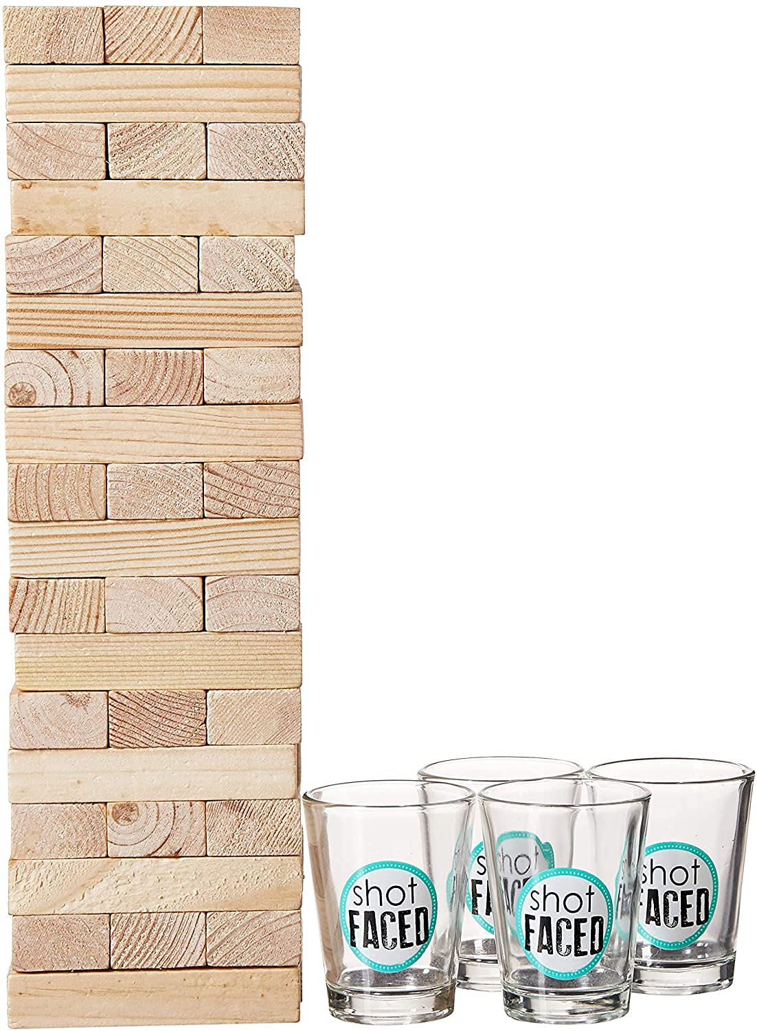 Game Night Tipsy Tower Glass Drinking Game Set w/Wooden Blocks & 4 Lead-Free Shots-Ideal Gift for Birthdays, Father's Day & More, 1 Count (Pack of 1), Brown