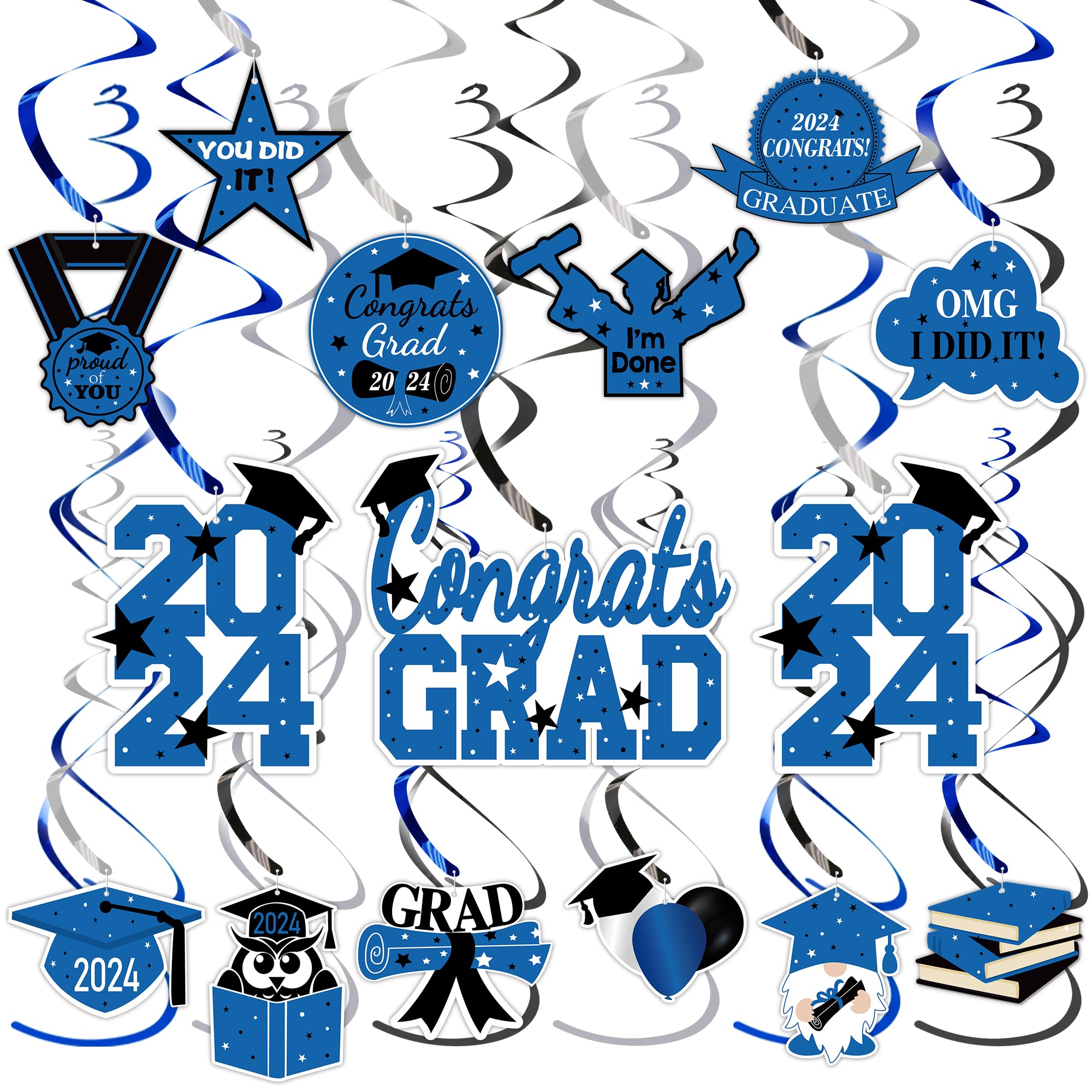 Tifeson Graduation Decorations 2024 Blue - 36 PCS Graduation Party Supplies, Congrats Grad Hanging Swirls Decorations, High School College Graduation Party Decorations Class of 2024 Decor
