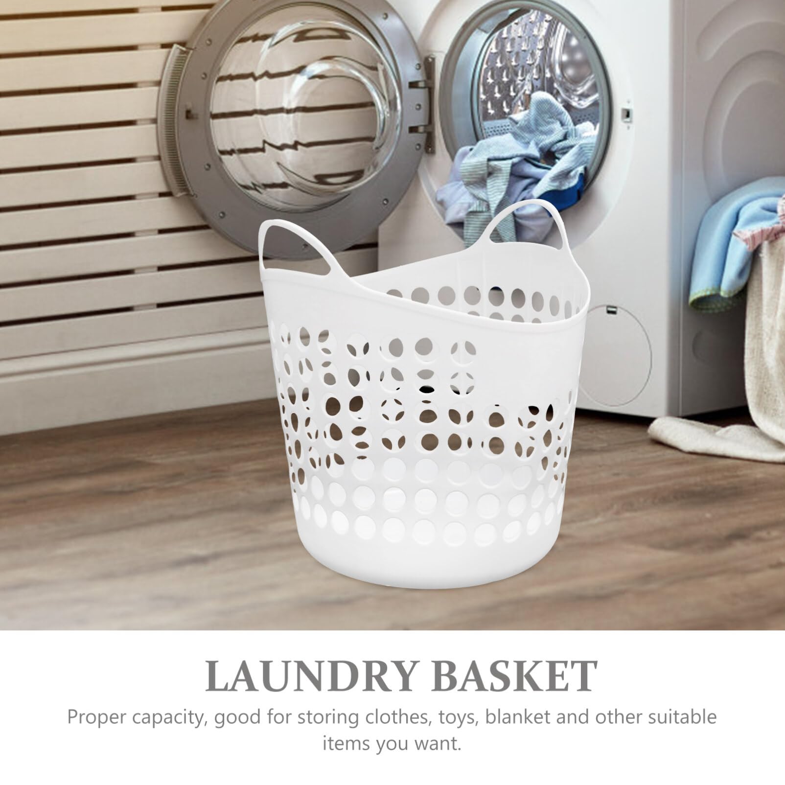 Amosfun Flexible Laundry Basket, Hollow Laundry Baskets With Handle Wide Mouth Hamper Plastic Dirty Clothes Storage Basket Toy Bin for Clothes Bedroom Storage, White 30L
