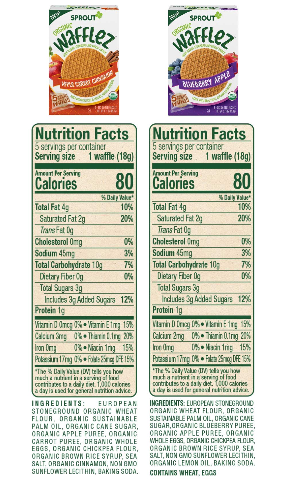 Sprout Organic Baby Food, Stage 4 Toddler Snacks, Blueberry Apple and Apple Cinnamon Wafflez Variety Pack, Single Serve Waffles (20 Count)