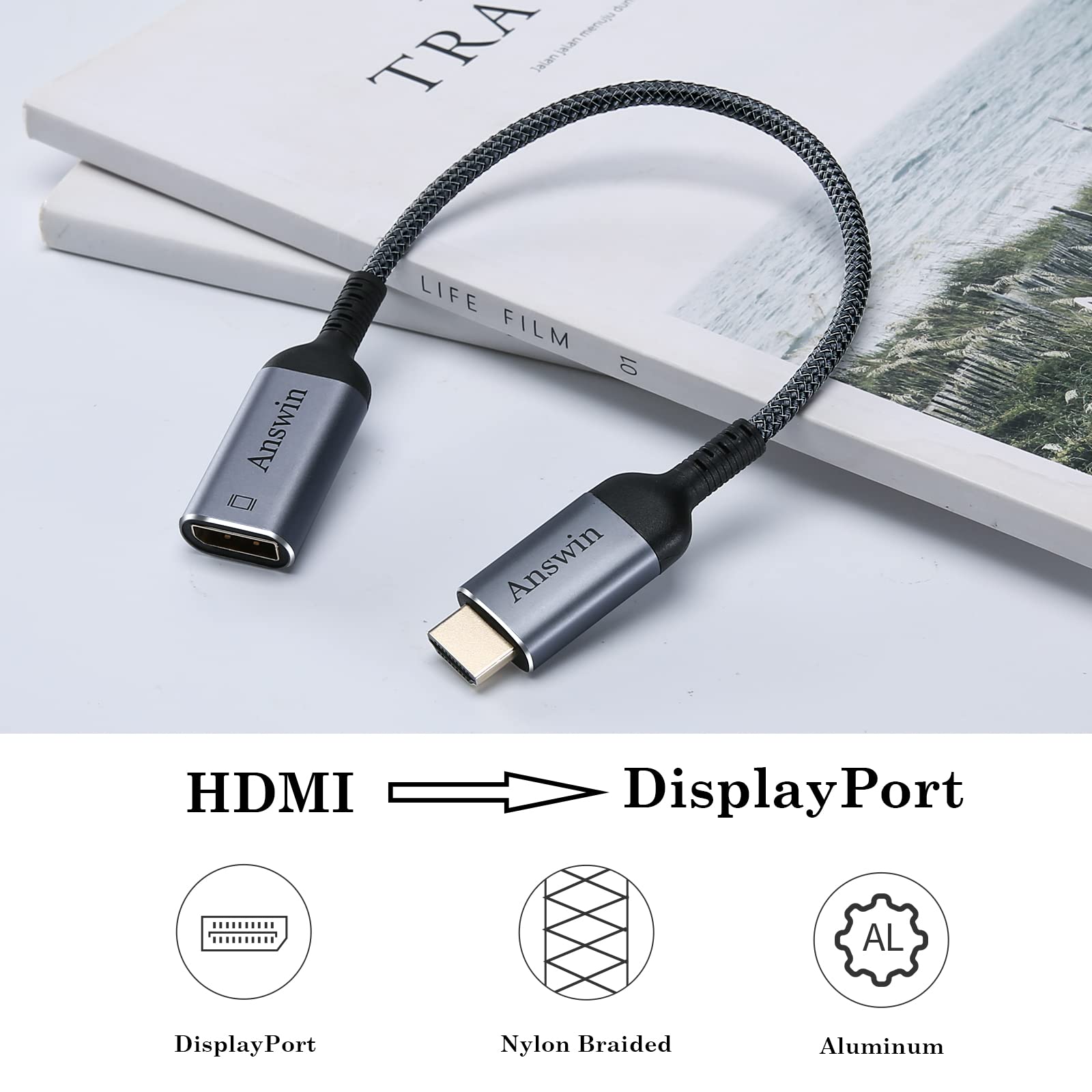 Answin DisplayPort to HDMI Cable, 6Ft DisplayPort to HDMI 4K Unidirectional DP to HDMI Cable Compatible for HP, DELL, GPU, AMD, NVIDIA and More…