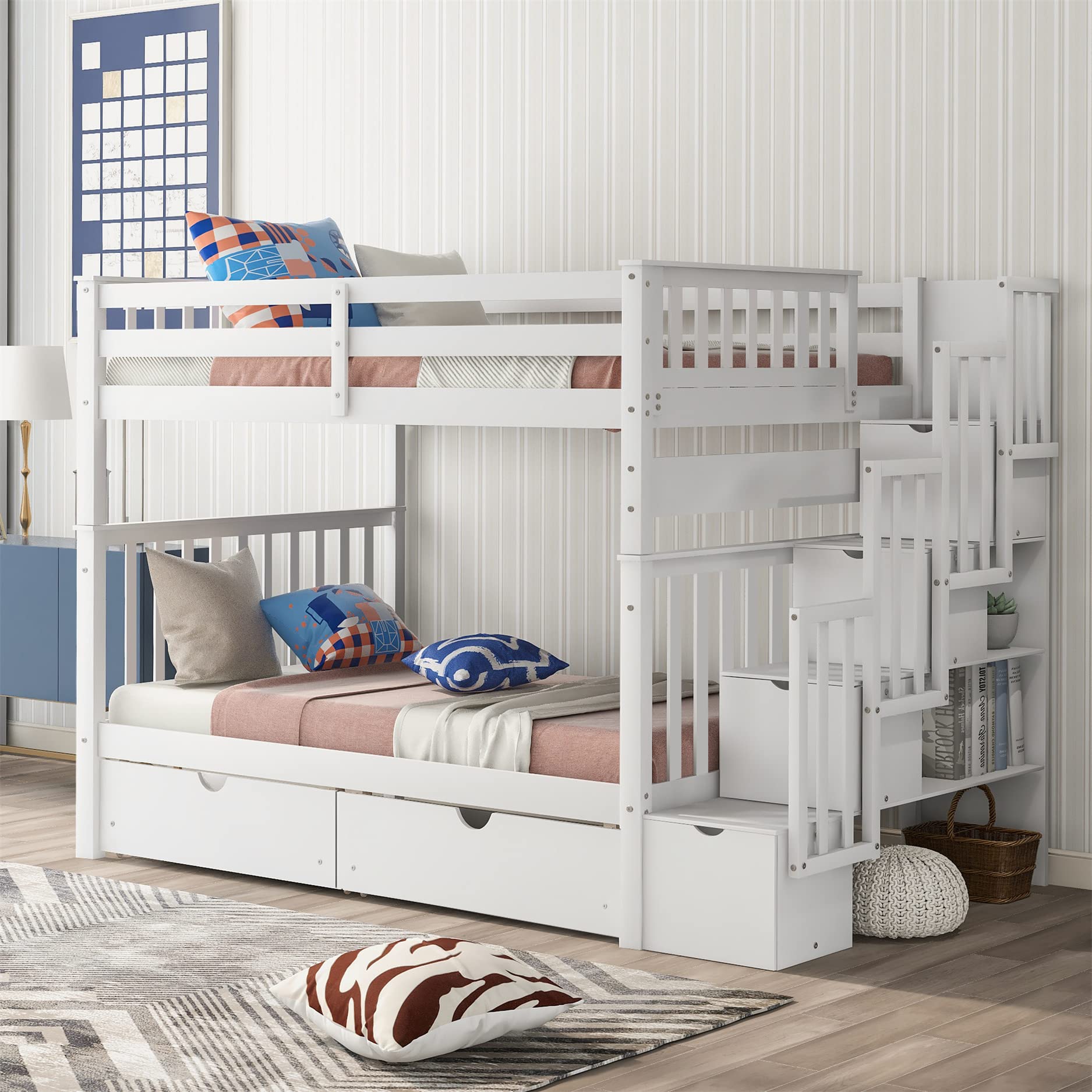 Harper & Bright Designs Full Over Full Bunk Bed with 6 Storage Drawers, Wooden Full Bunk Beds with Stairway and Shelves, Detachable Bunk Bed for Kids, Teens, Adults Boys & Girls (New, White)