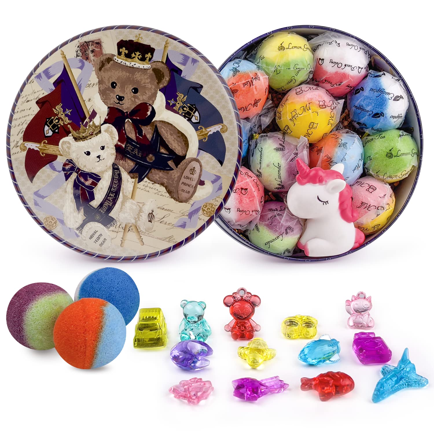 Bath Bombs for Kids,12pcs+1 Squeak toy Bath Bombs with Surprise Crystal Toys Inside, Handmade Natural and Organic Bubble Bath Bombs with Gift Tin Box, Birthday Christmas Easter Gift for Girls and Boys