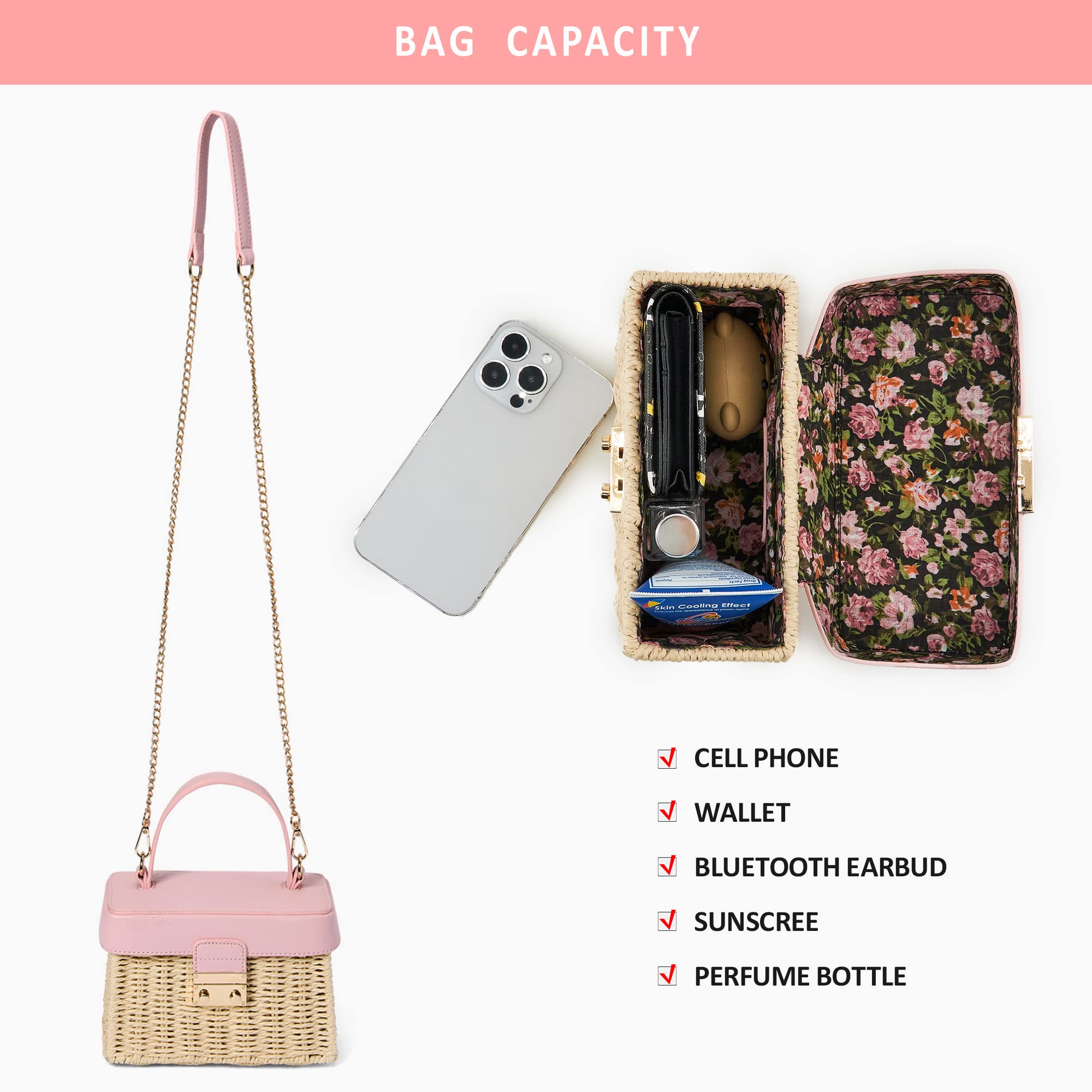 Like Dreams Small Summer Bag for Women Woven Straw Crossbody Vegan Leather Top Handle Plaid Inner Purse (Blush)