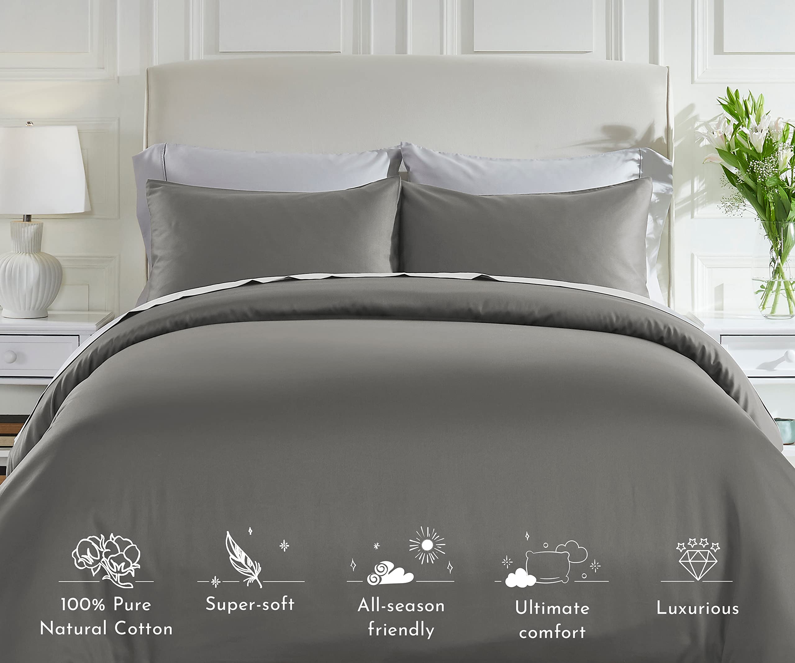 California Design Den Cotton Duvet Cover King Size, 3 Piece Slate Grey Bedding Set, 100% Pure Cotton Sateen Weave, 400 Thread Count Comforter Cover & Two Pillow Shams with Button Closure, Corner Ties
