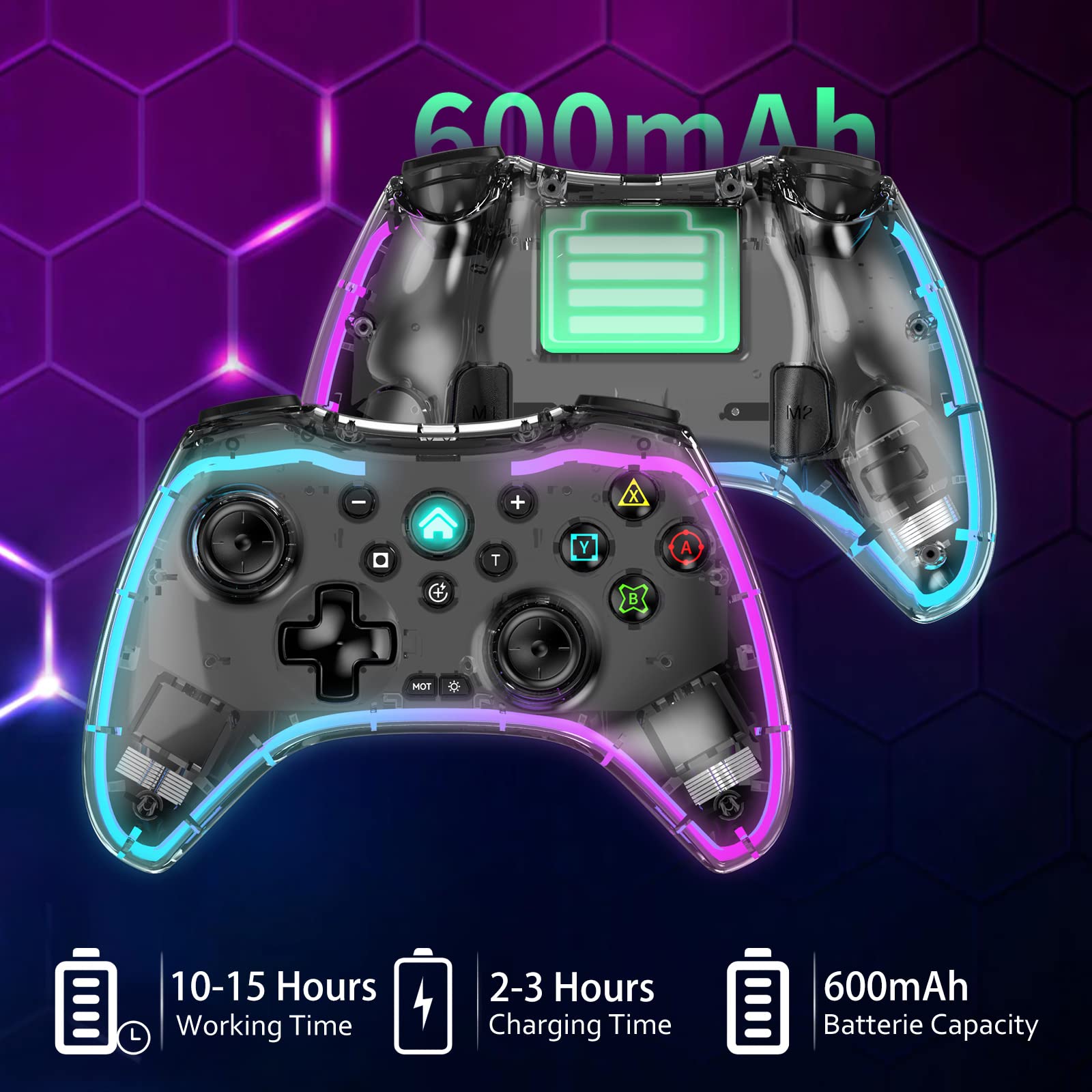 arVin Mobile Game Controller for iPhone/iPad/iOS/Android/Tablet/PC/PS5/PS4/PS3/Switch Transparent Bluetooth Gaming Gamepad Joystick with Phone Holder/Back Button/Turbo/RGB Light/Vibration/6-axis Gyro