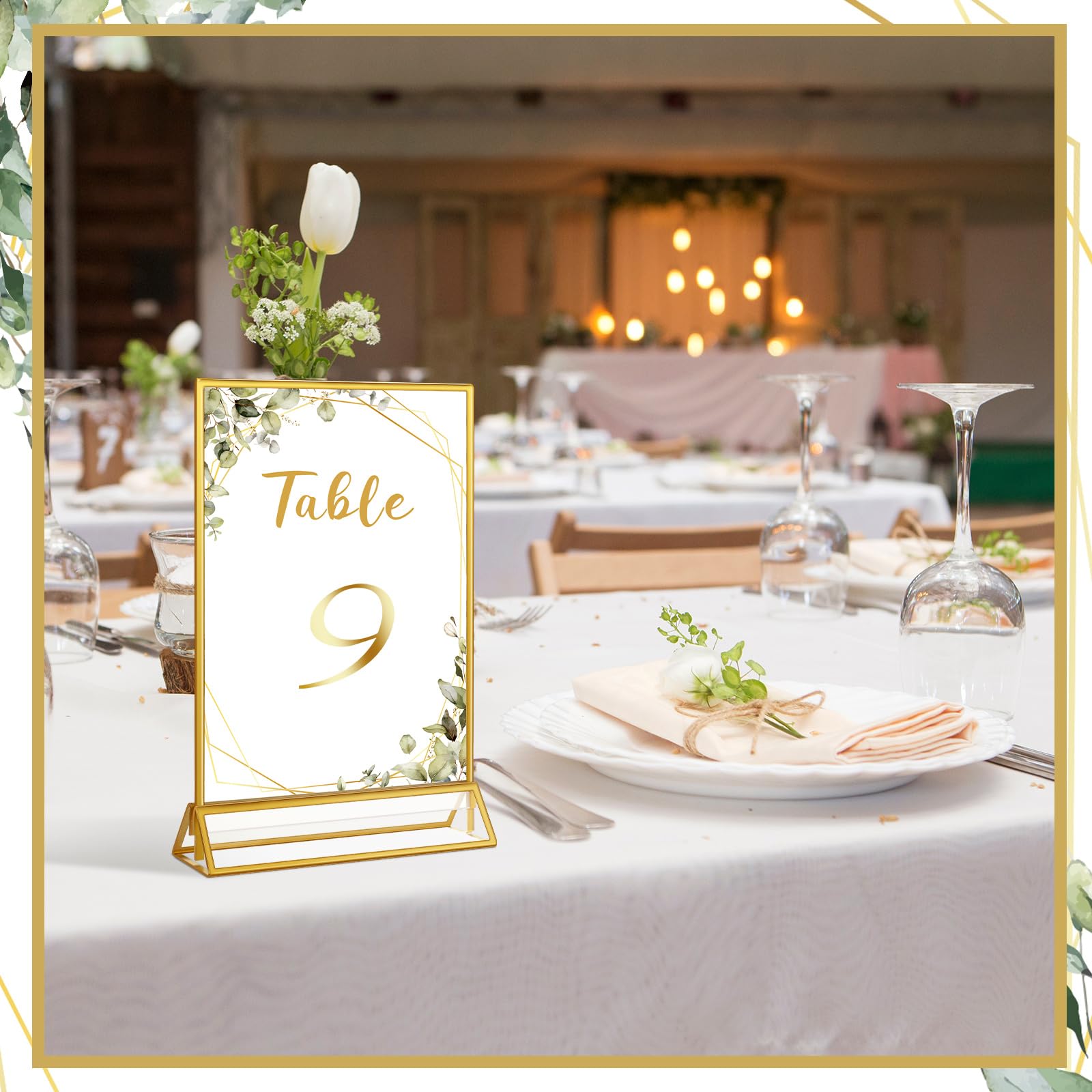 Threehoney 12 Pack Wedding Table Number Holders with 25 Pcs Eucalyptus Table Number Cards 5x7 Inch Gold Acrylic Table Number Frames with Number Cards for Wedding Reception Birthday Bridal Party