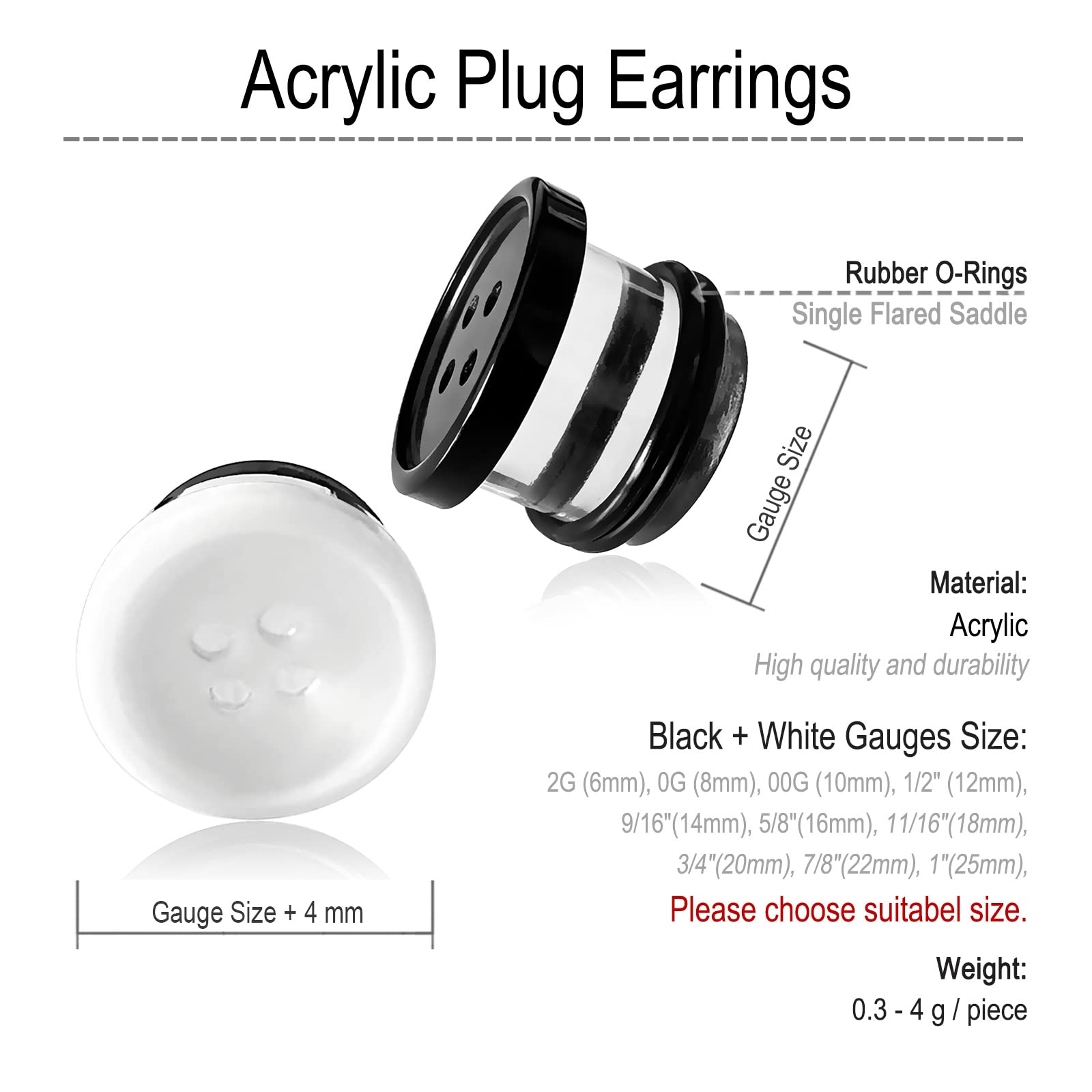 AntDear Button Ear Gauges for Ears Women Men White Button Plug Earrings, Ear Piercing Plug with Rubber O-Rings 8G to 1 Inch, Single Flared Stretching Tunnels Expanders 16MM (5/8")