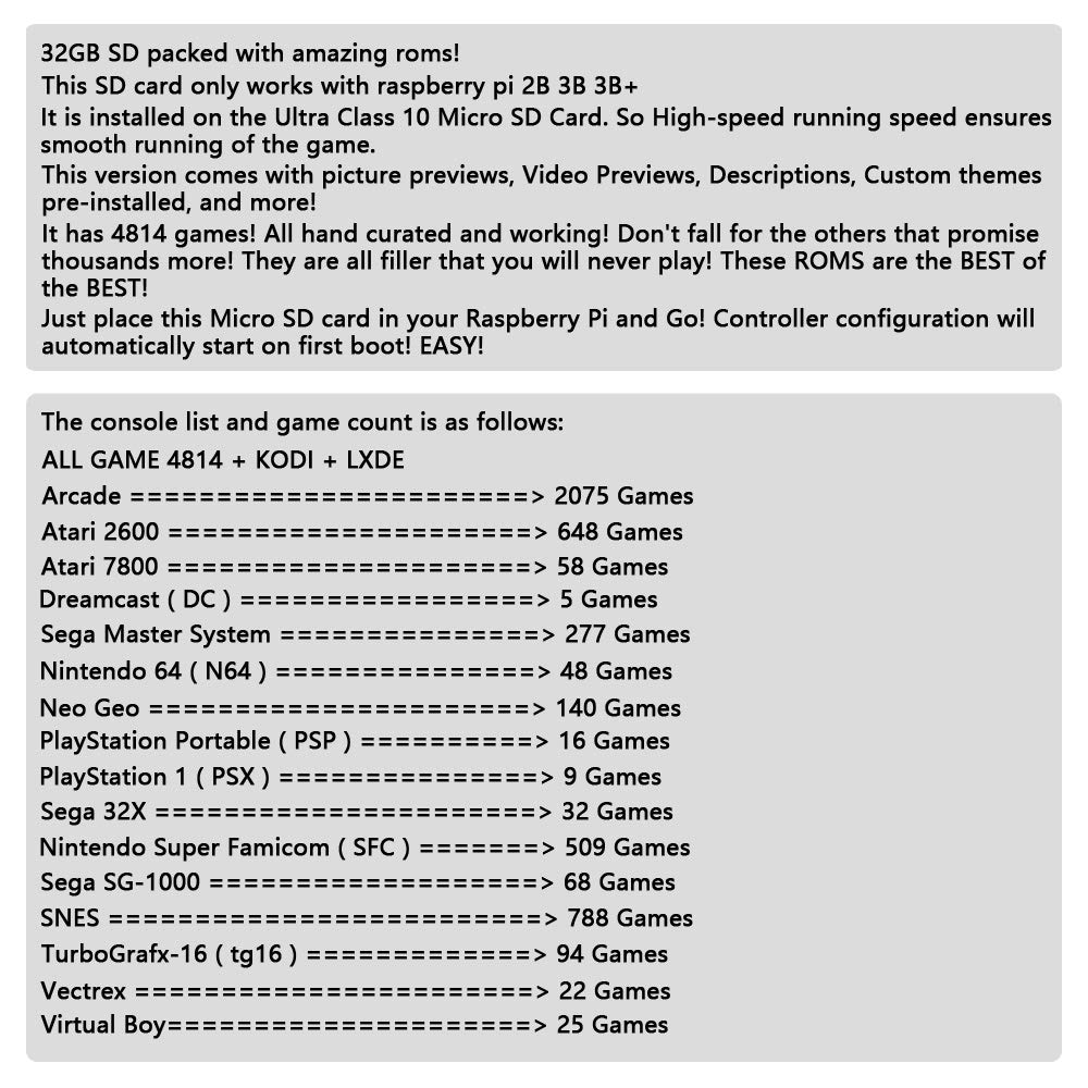 BeiErMei Raspberry Pi Game System, Preloaded 32GB Games Plus Data, Only Work with Raspberry Pi 2B, 3B, 3B+, Retropie RetroArch Emulation Station, KODI+LXDE Video Previews