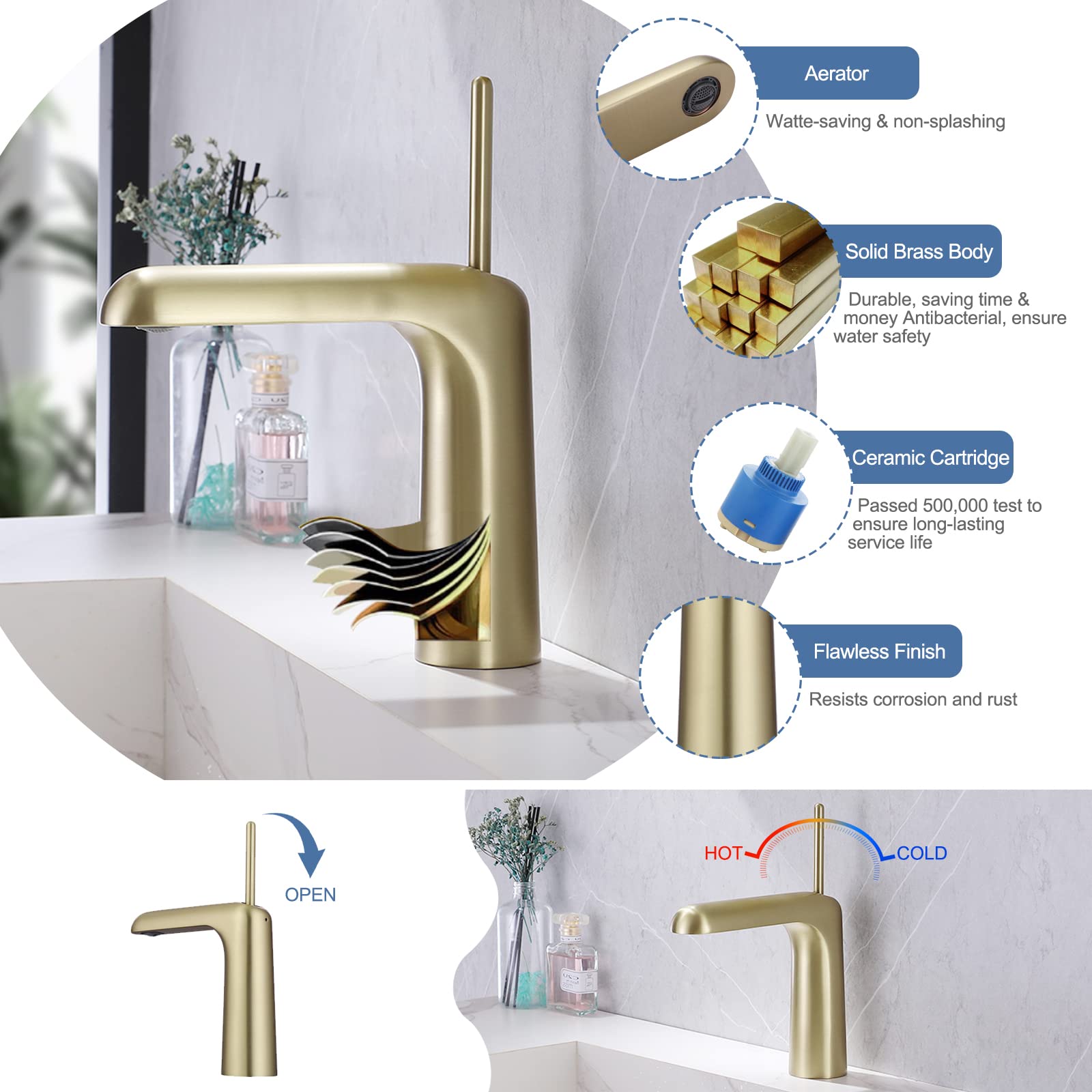 Bathroom Sink Faucet Single Handle Modern Bathroom Faucets for Sink 1 Hole, Deck Mount Lavatory Mixer Tap Wash Basin Faucet Brass (Brushed Gold)