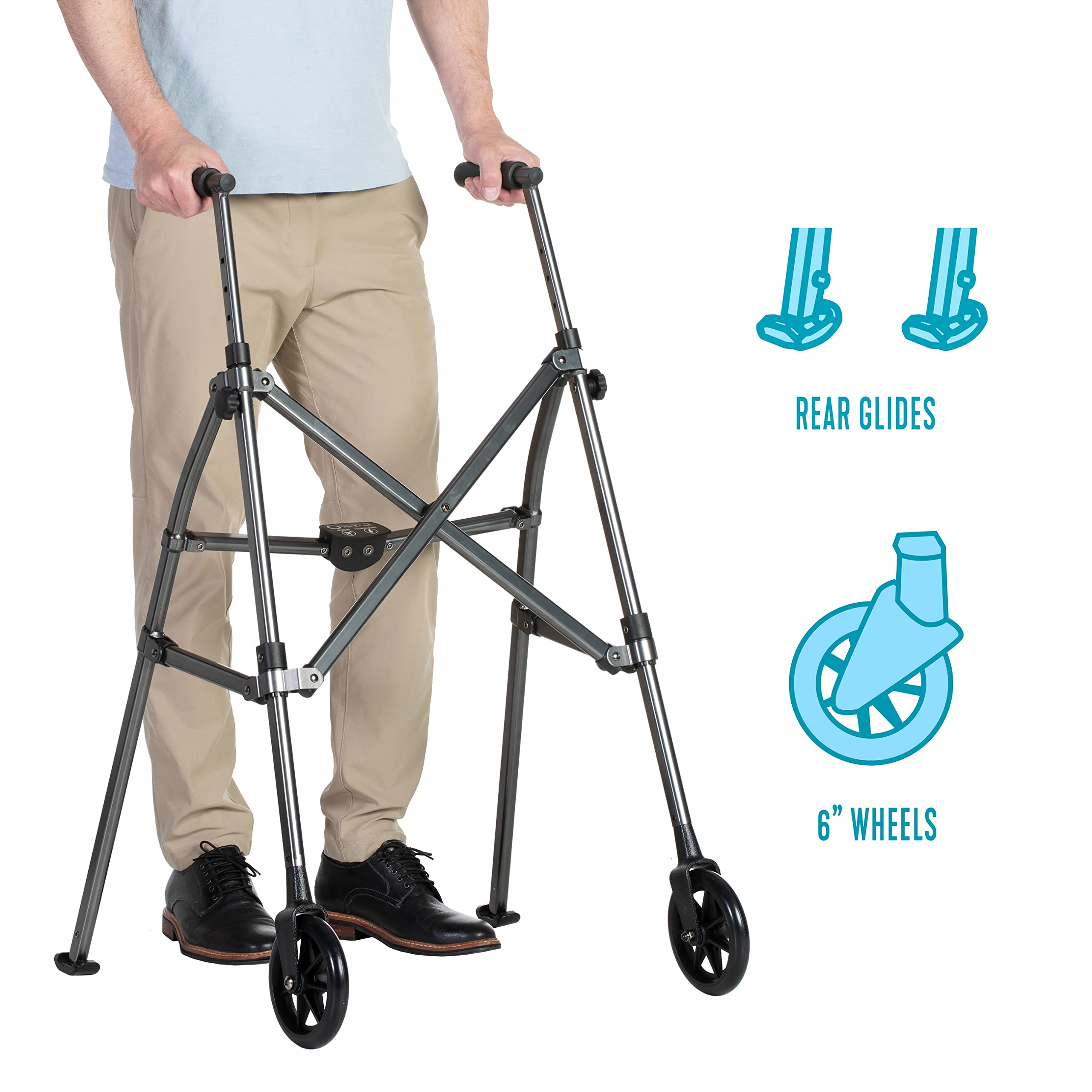 Able Life Space Saver Walker, Lightweight and Foldable Rolling Walker for Adults, Seniors, and Elderly, Compact Travel Walker with 6-inch Wheels and Ski Glides for Mobility Support, Black Walnut