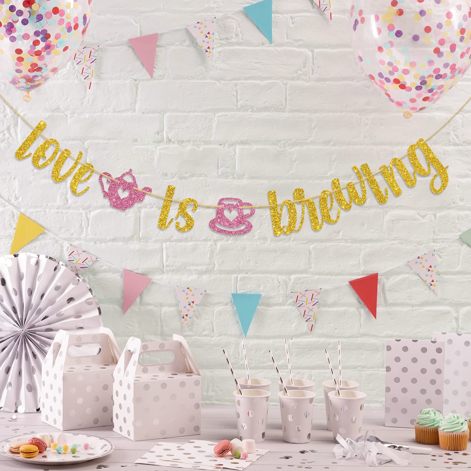Dalaber Love is Brewing Banner for Wedding/Engagement/Bridal Shower/Bachelorette Tea Coffee Bar Decoration, Table Bunting Banner Sign Party Decorations