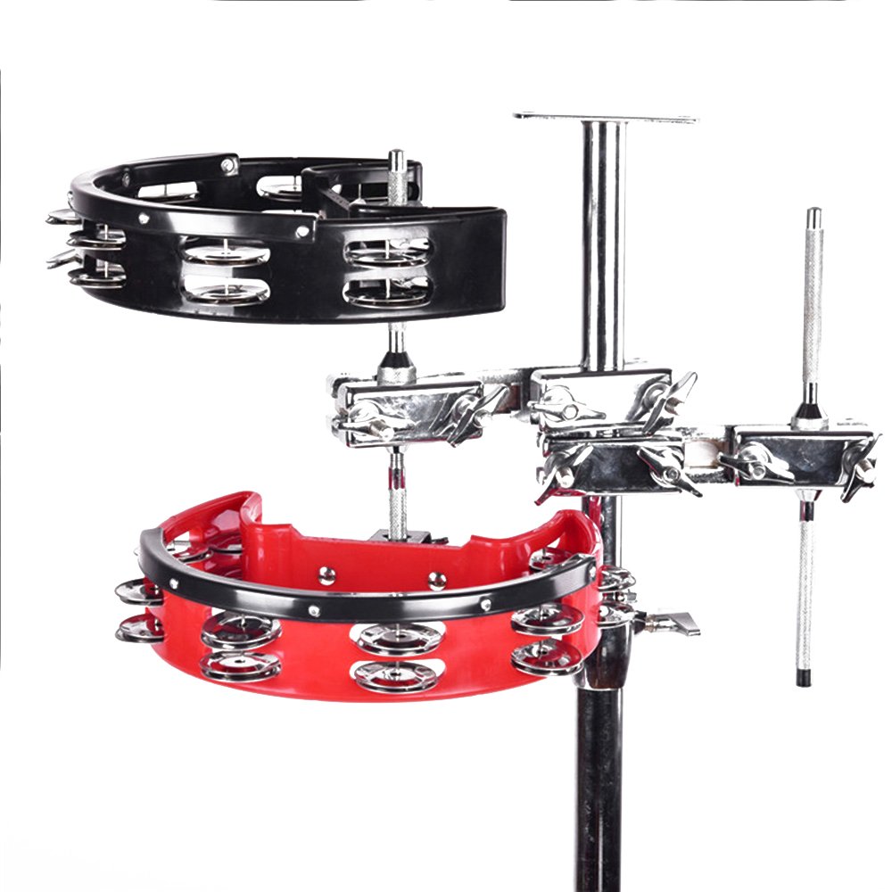 Drum Set Tambourine with Mounting Eye Bolt,Hi Hat tambourine(Black,Red) (8 double rows of jingles, Red)