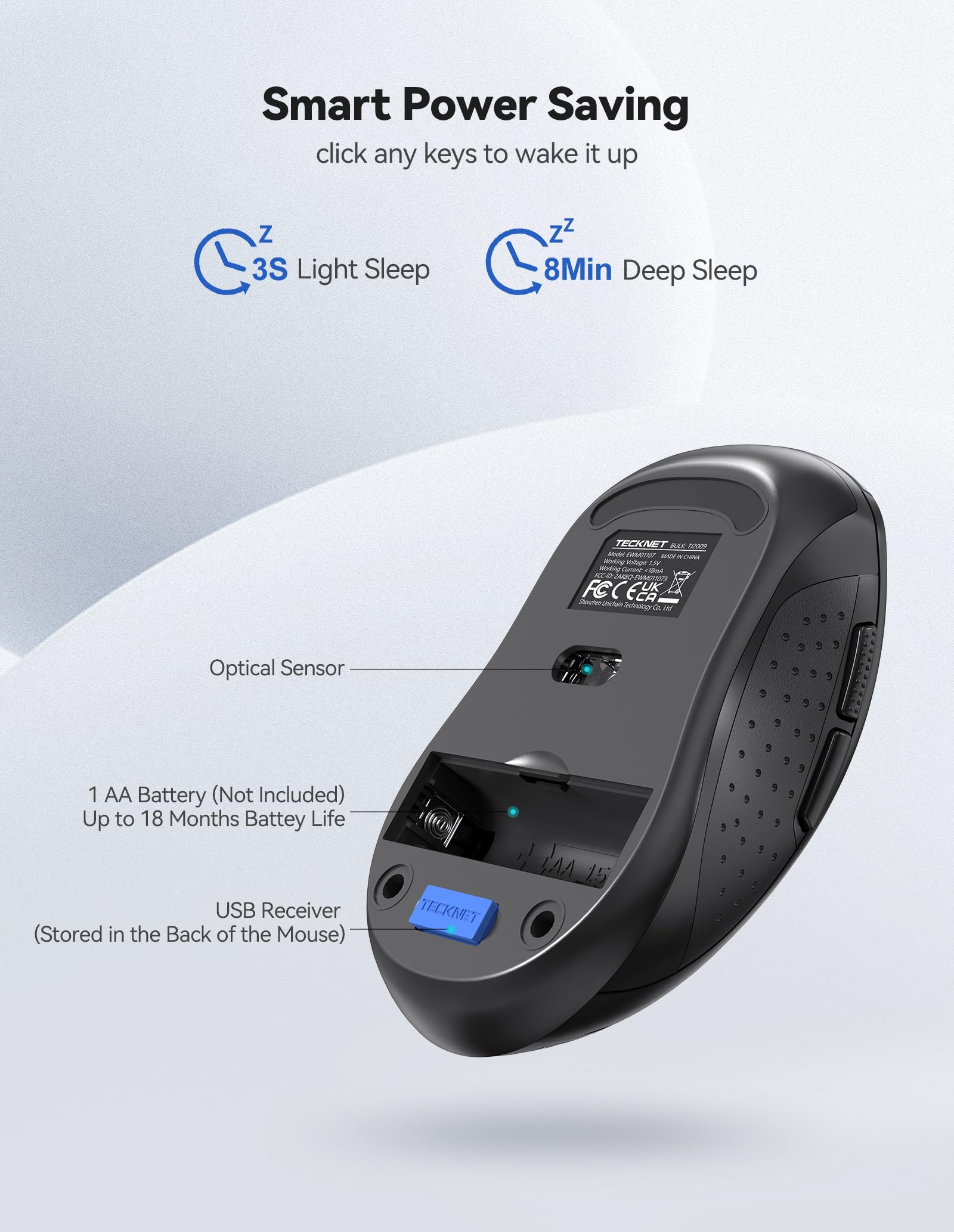 TECKNET Wireless Mouse for Laptop, 2.4G Wireless Computer Mouse, 5-Level Adjustable 4800 DPI, Silent Mouse with Receiver & 6 Buttons, 18 Months Battery Life, USB Portable Mouse for Mac, Chromebook